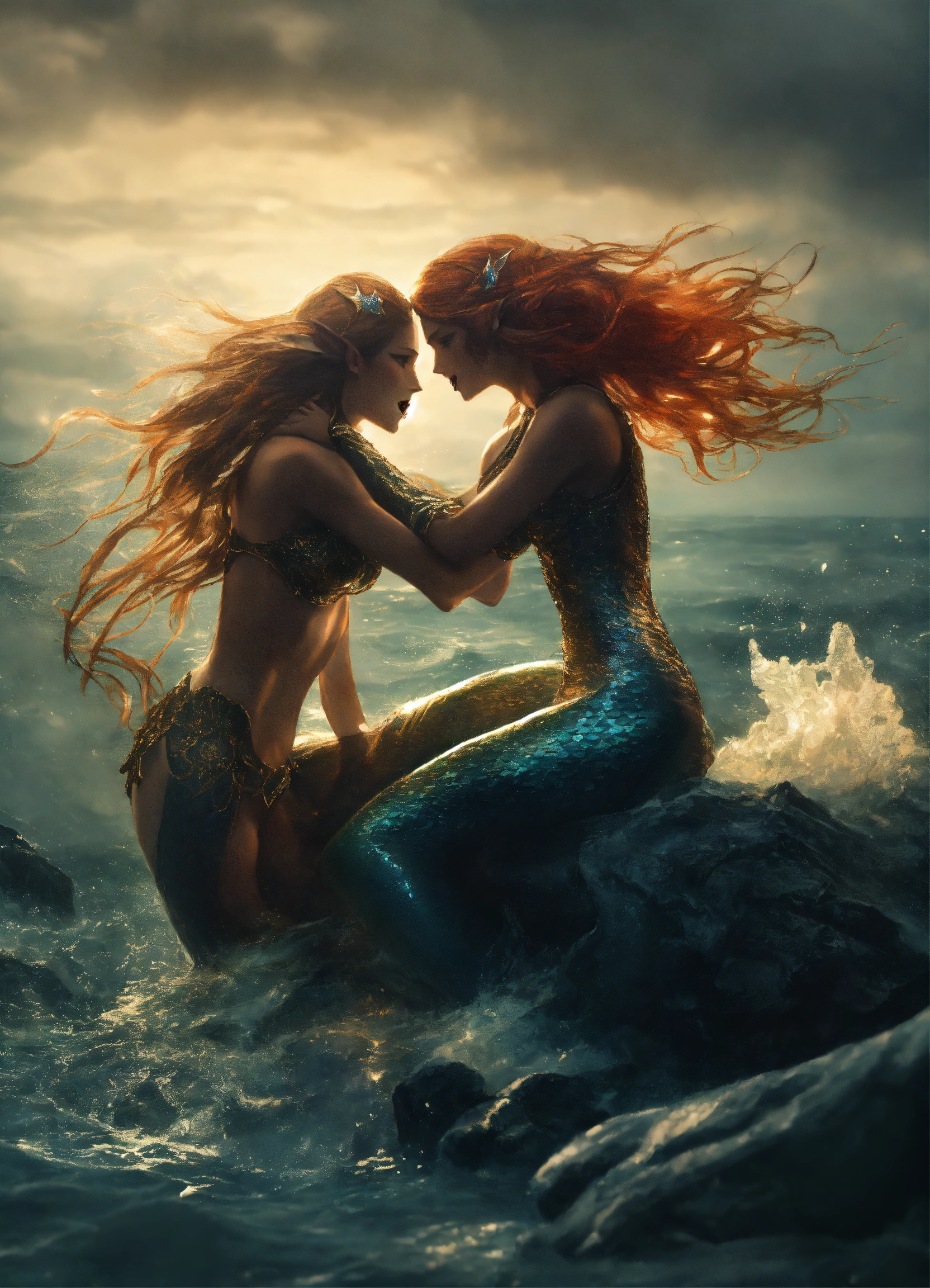 Lexica - Create a 4k detailed photo of two evil (mermaids) fighting each other. dramatic ...