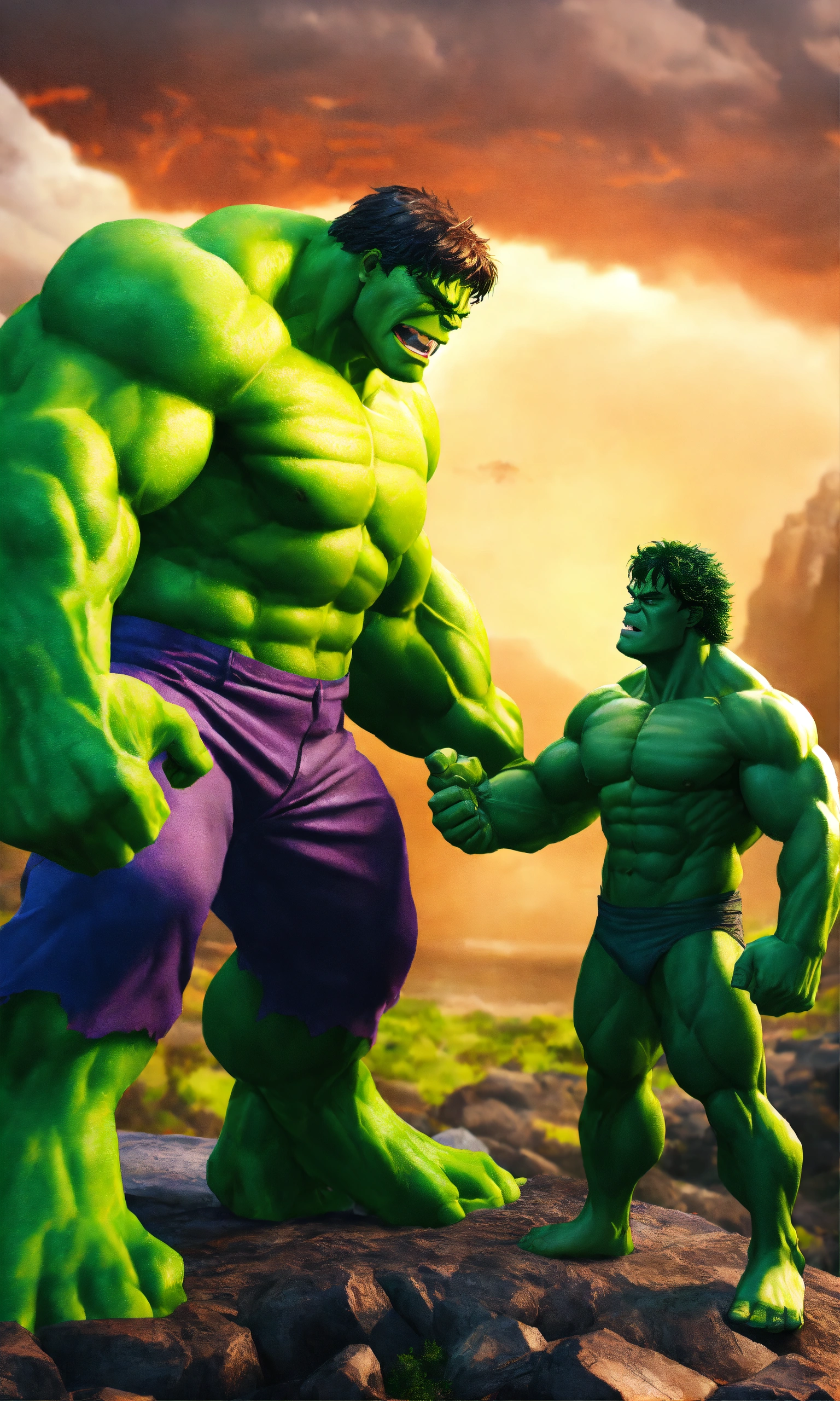 Lexica - Hulk meets Hulk in the multiverse, nature background, 2D render