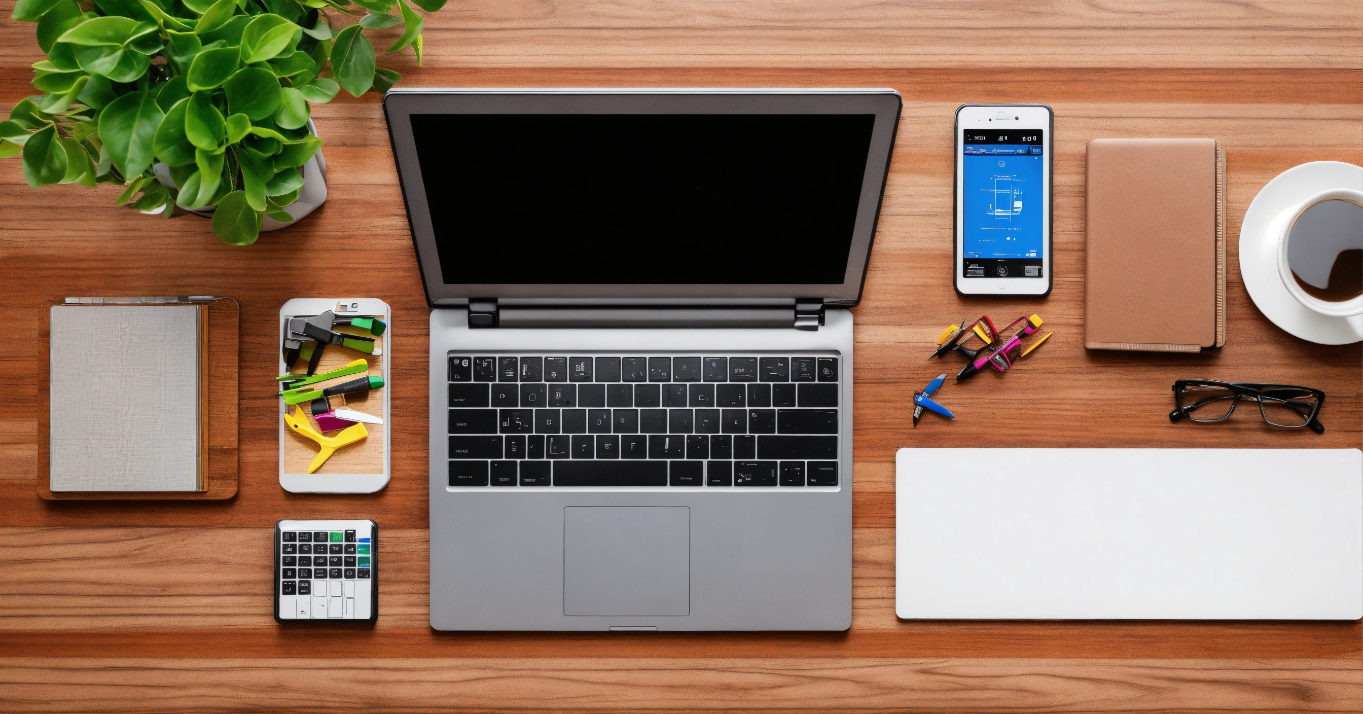 Lexica - Top view Office desk with office tools computer laptop on ...