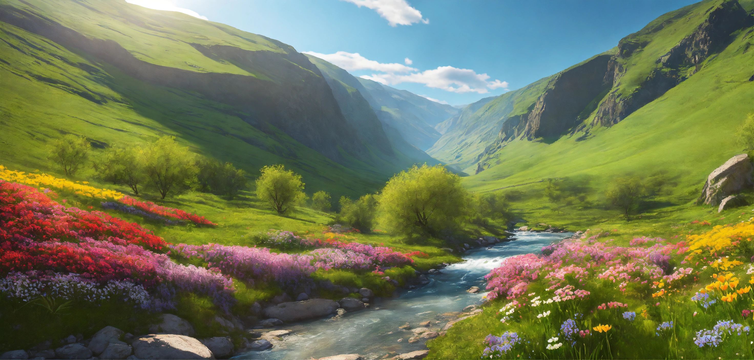 Lexica - A serene and majestic spring landscape view into a deep valley ...
