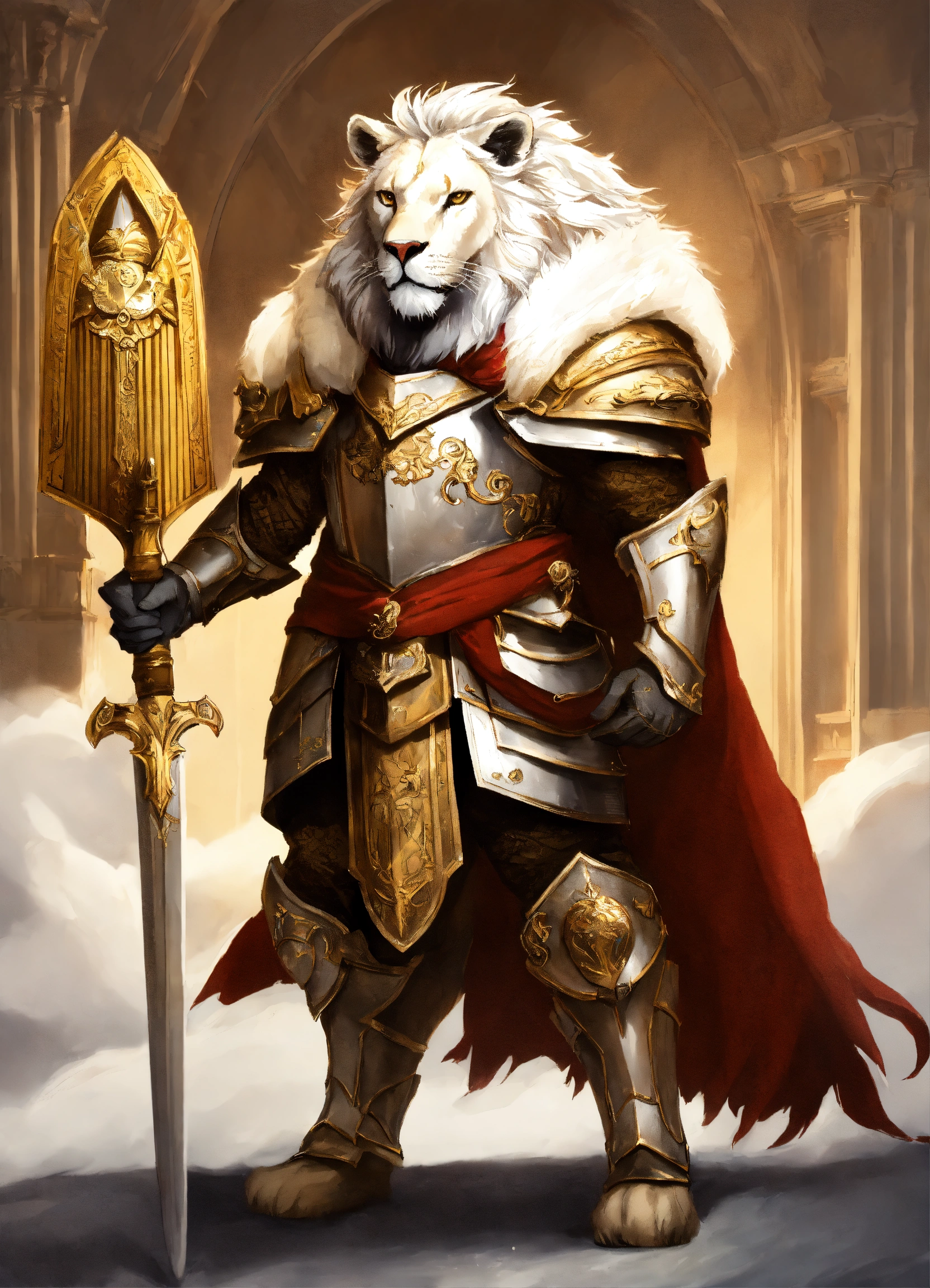 Lexica - Anthropomorphic lion with white fur, wearing armor and a heavy ...
