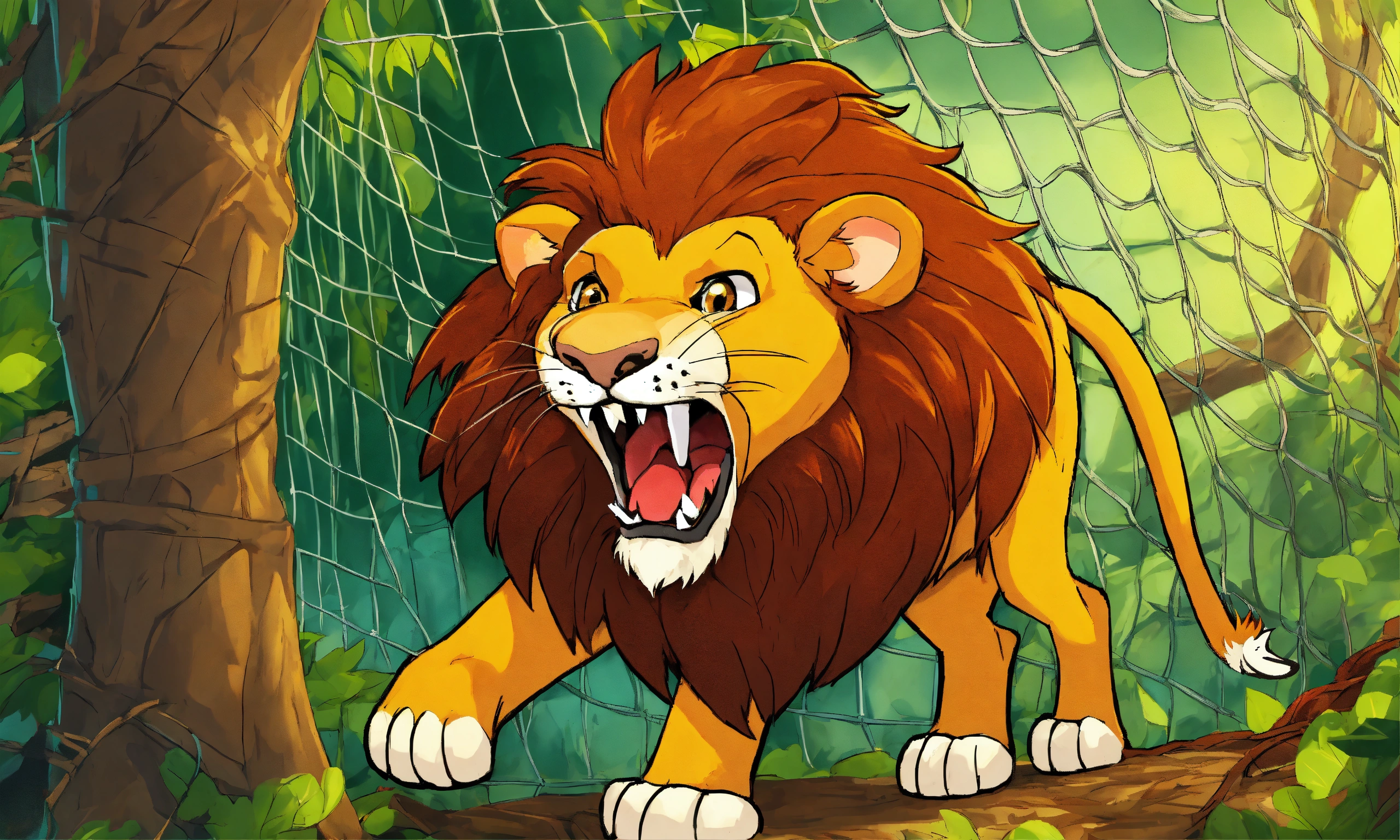 Lexica - Cartoon big lion was captured and trapped in a net and hang to ...
