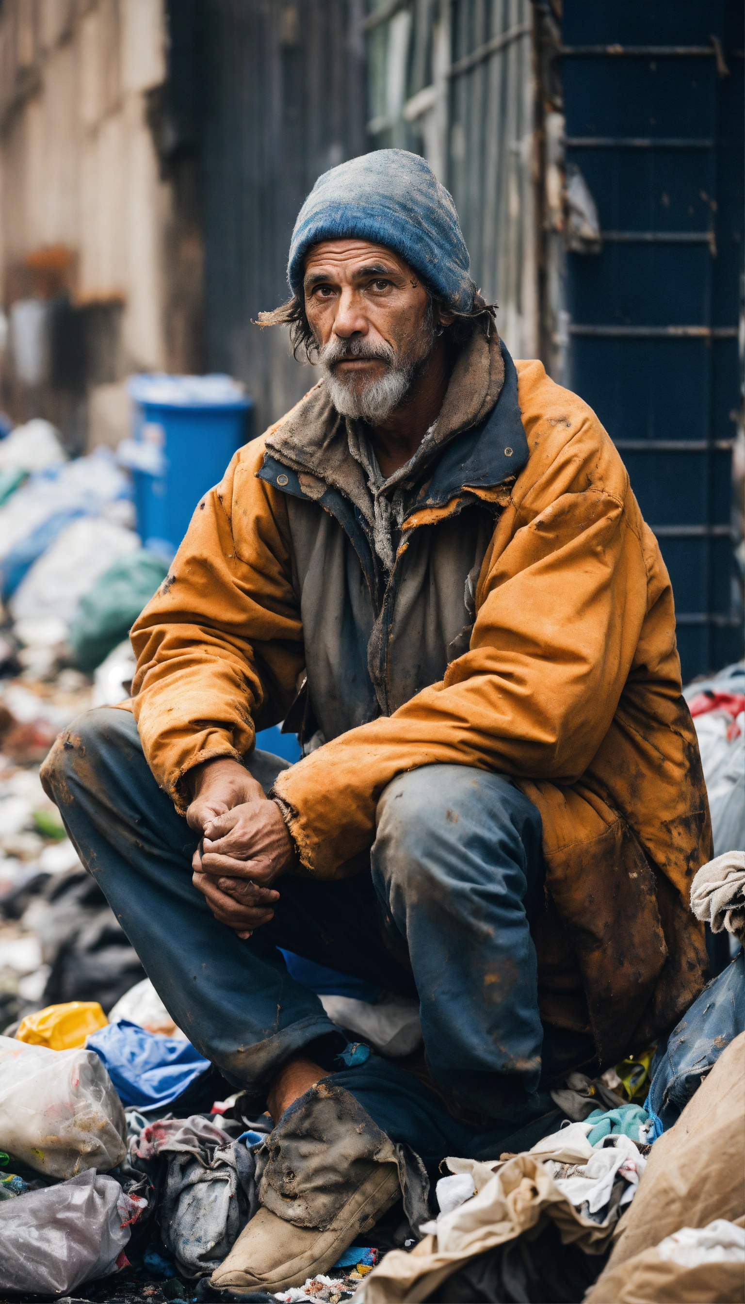 Lexica - A homeless man in tattered dirty clothes sits on a rubbish ...