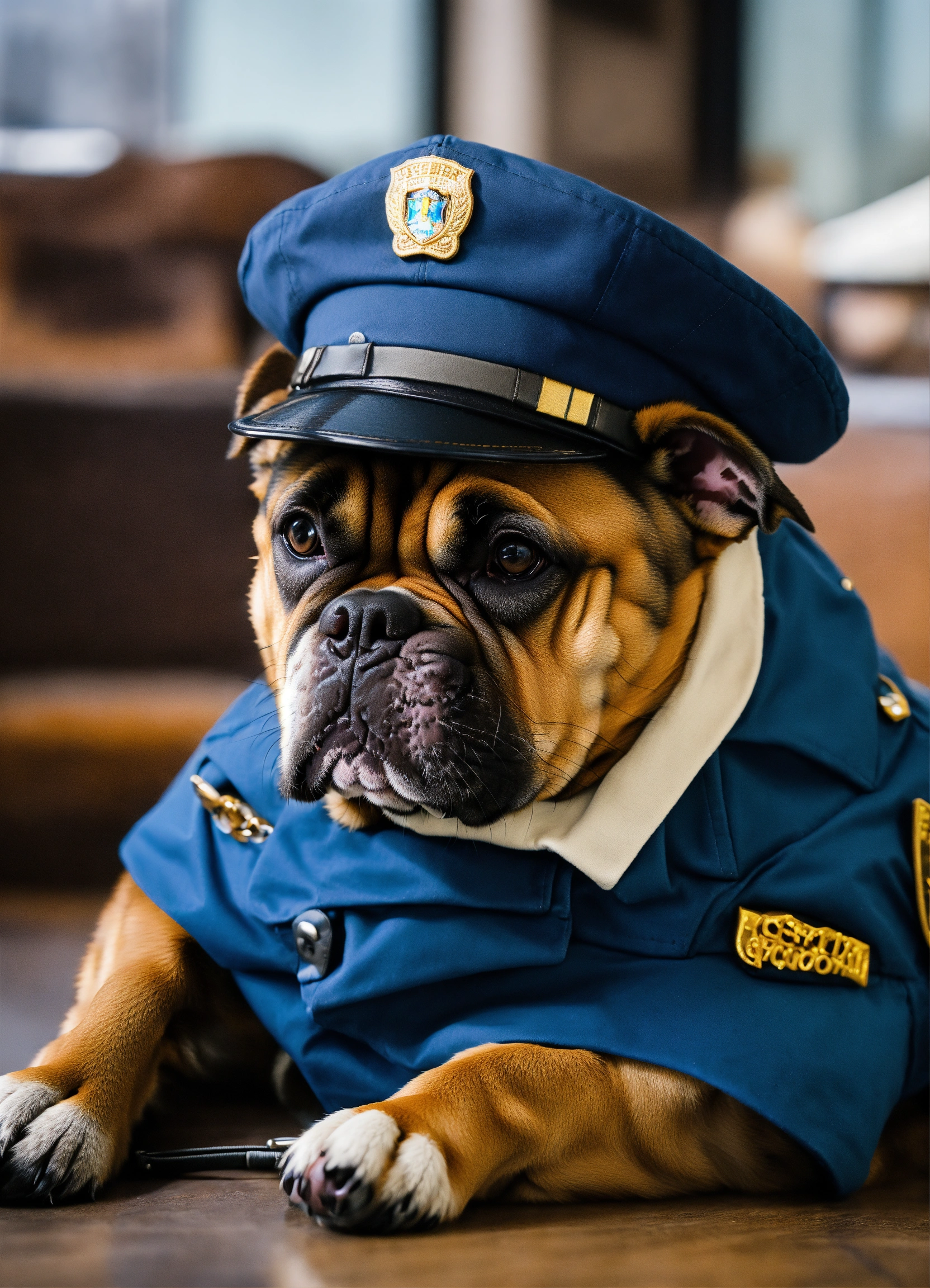 Lexica - A dog in a security guard's cap cuddles with a robber