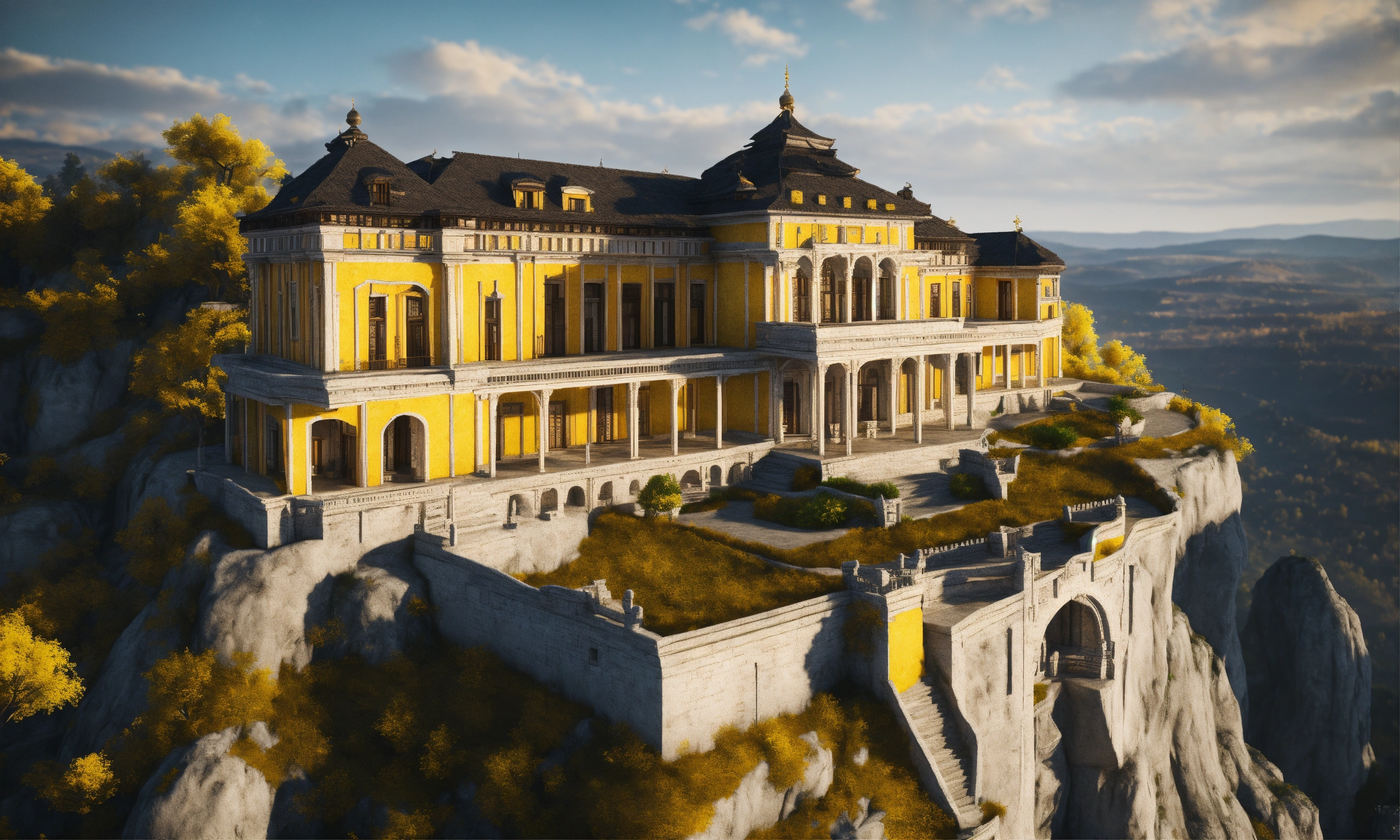 Lexica - Full image of a massive black and white and yellow palace on a ...