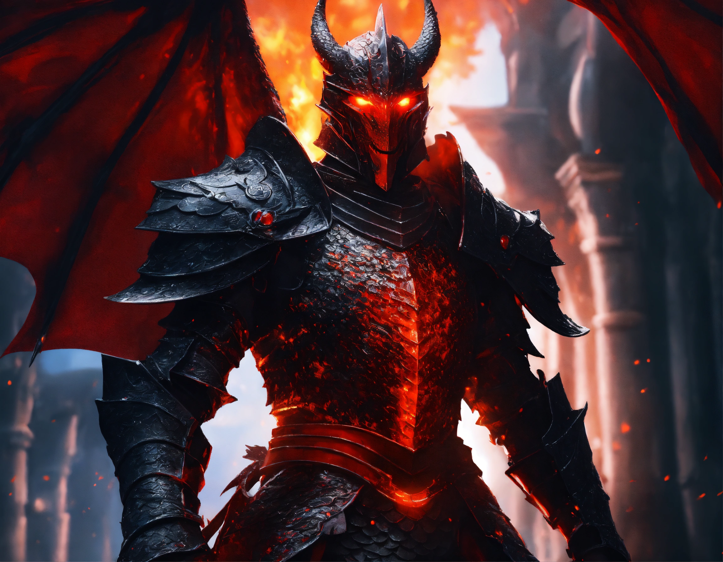 Lexica - Glowing red eyes knight with a black armor, the chest should ...