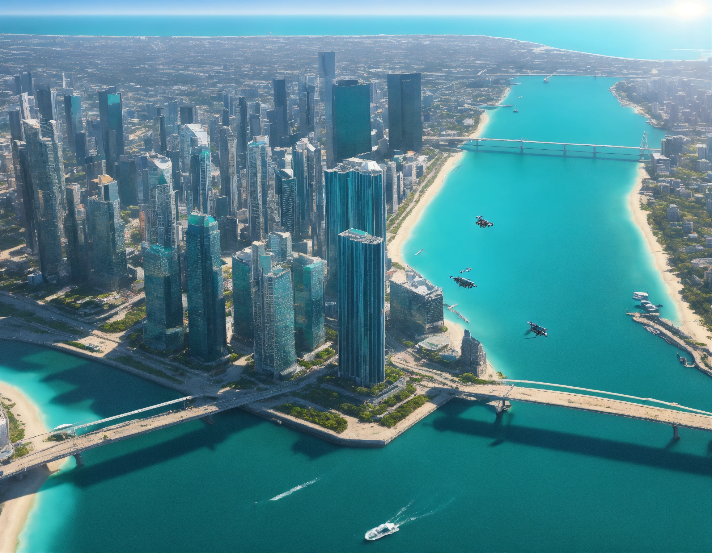 Lexica - Ultra realistic drone close view of a noon bright lit teal ...