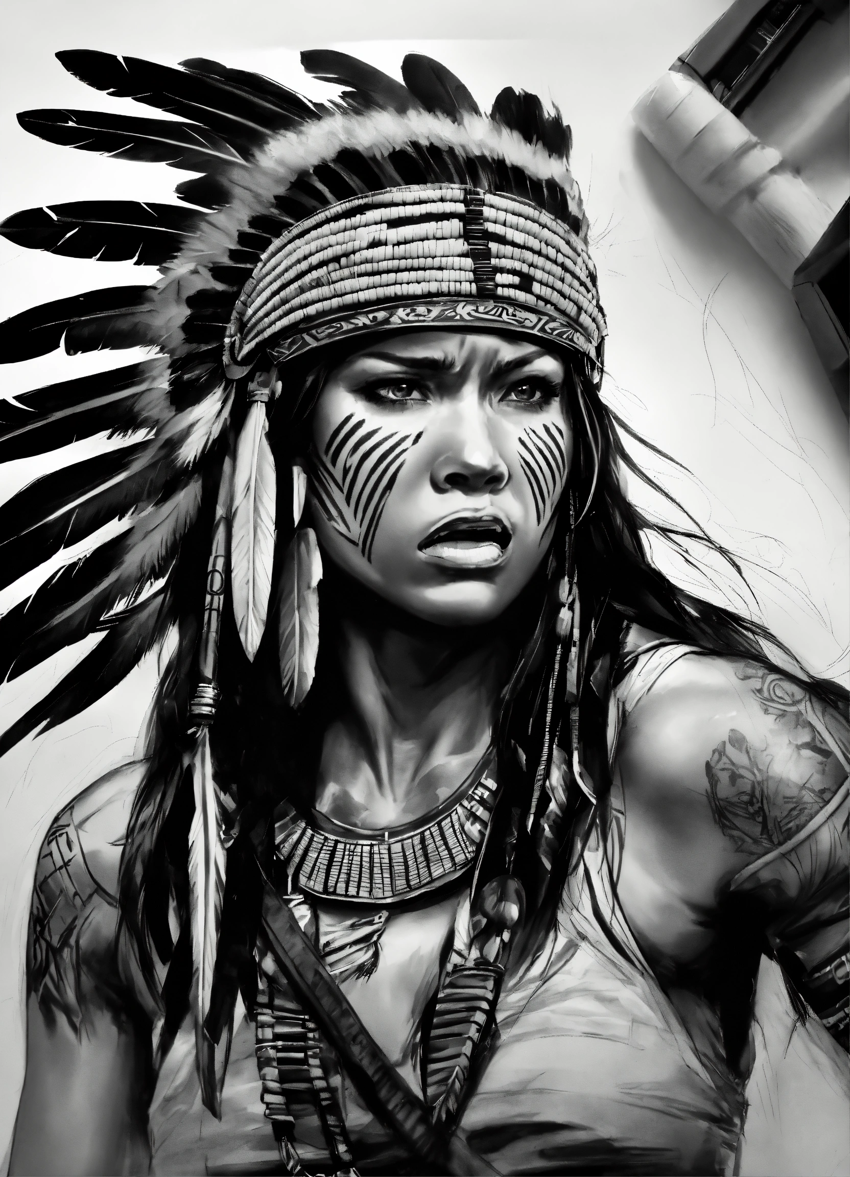 Lexica - Sketch a realistic black and white Apache female warrior ...