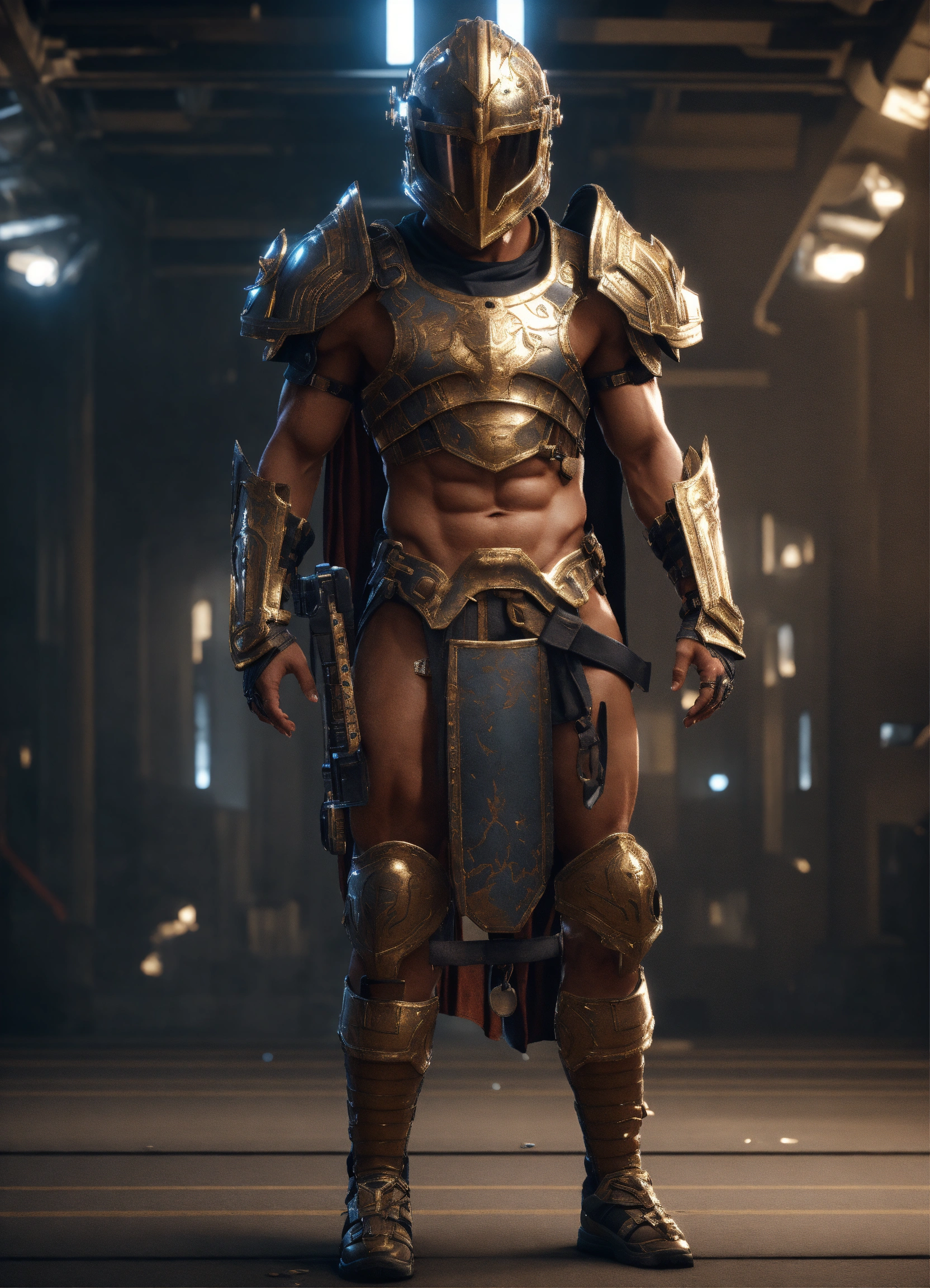 Lexica - Full body of a sci fi gladiator, male, slender body proportions, helmet, unreal engine