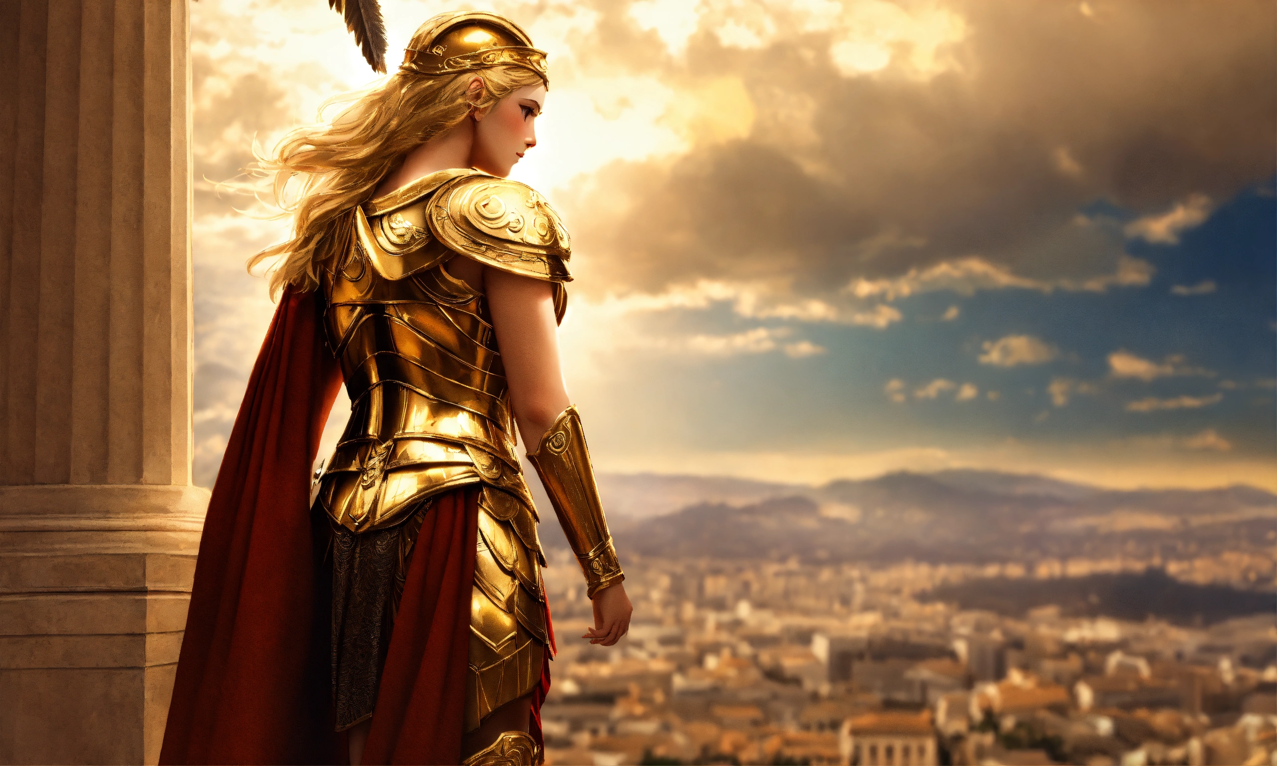 Lexica - Greek goddess Athena with blonde hair, gold armor, from behind ...