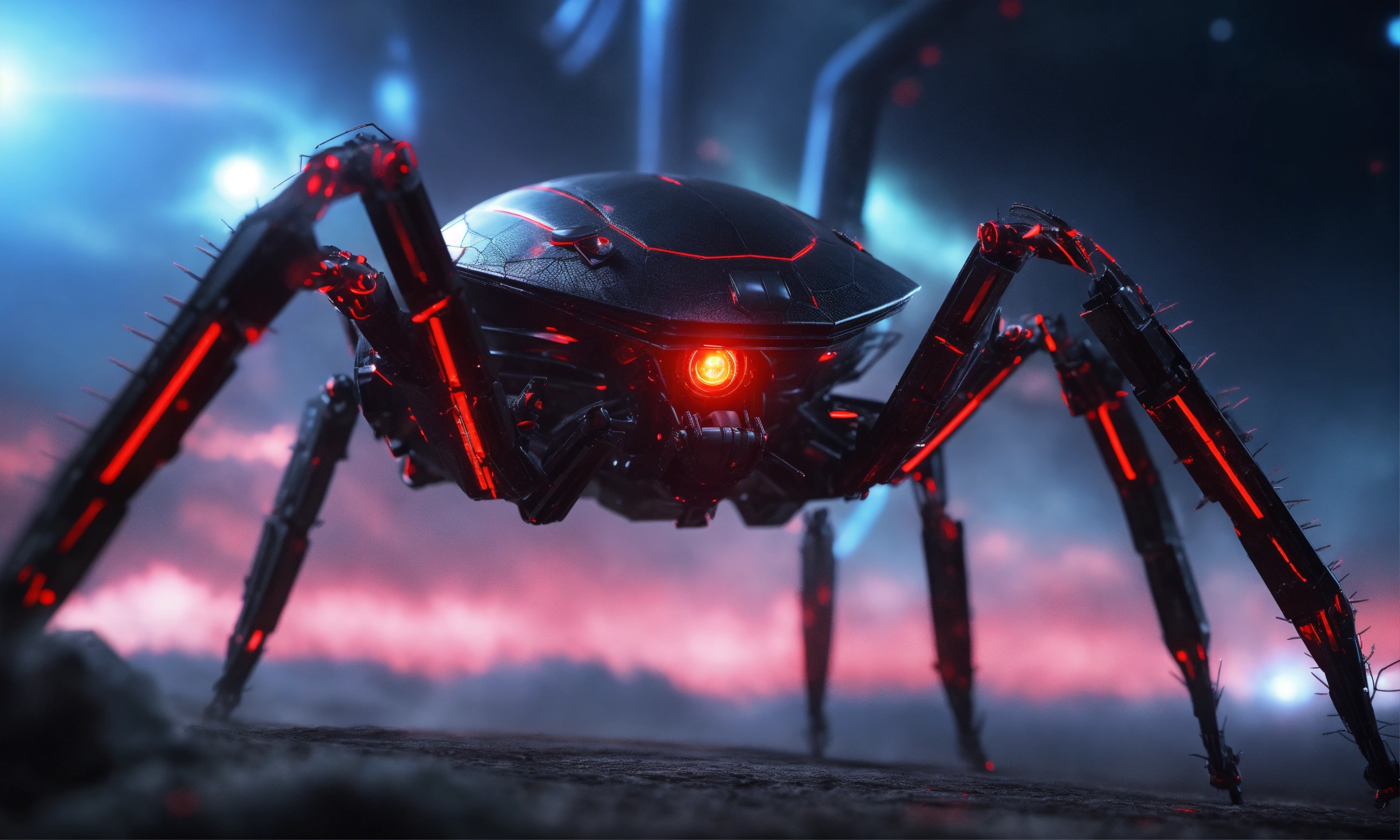 Lexica - Gigantic black armored robotic spider with red glowing eyes ...
