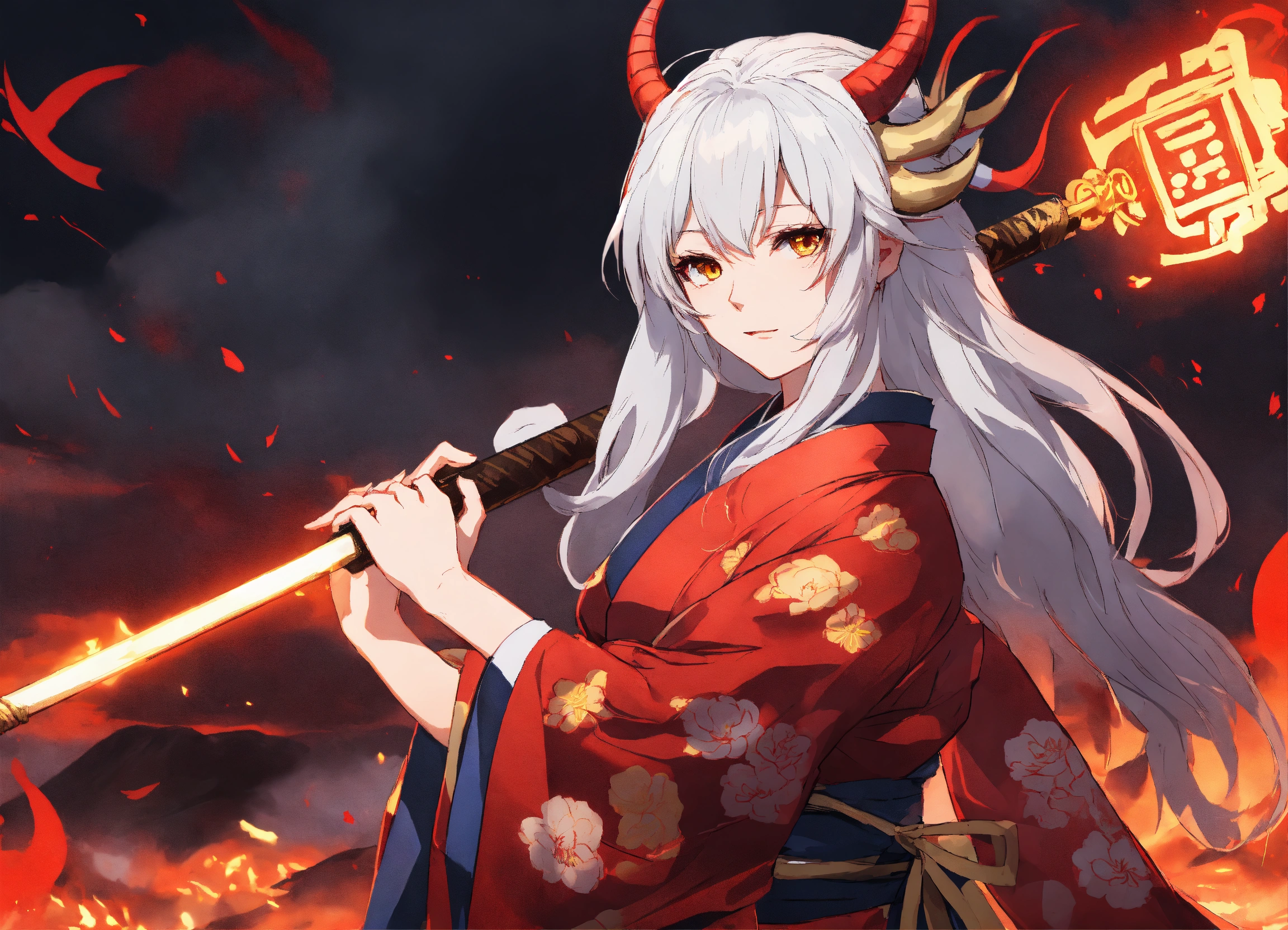 Lexica - A beautiful white hair woman Oni in hell, two red horns ...