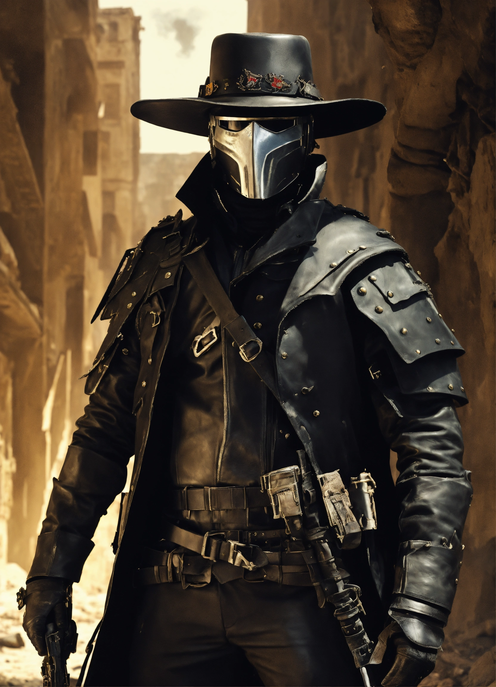 Lexica - In a ruined city, a white bounty hunter in an black armored ...