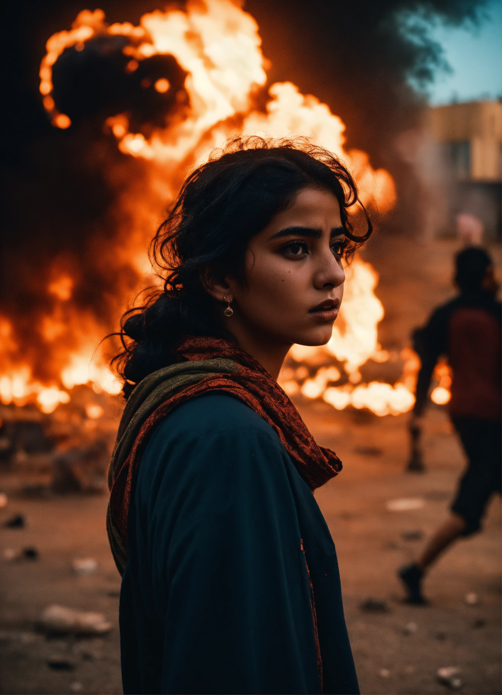Lexica - Dark aesthetic photo, of a Palestinian girl amidst a chaotic ...