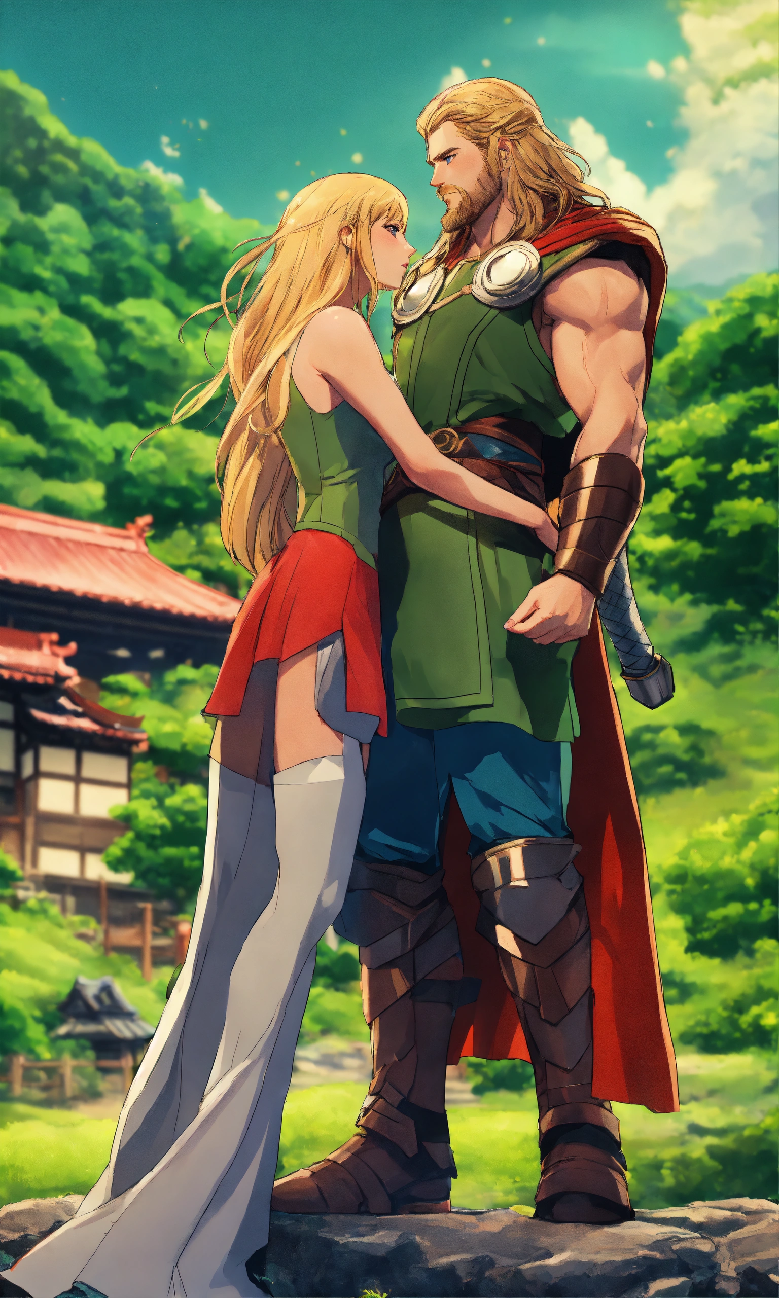 Lexica - Thor with his hot girlfriend with long hair in Japan beautiful village, 2D render ...