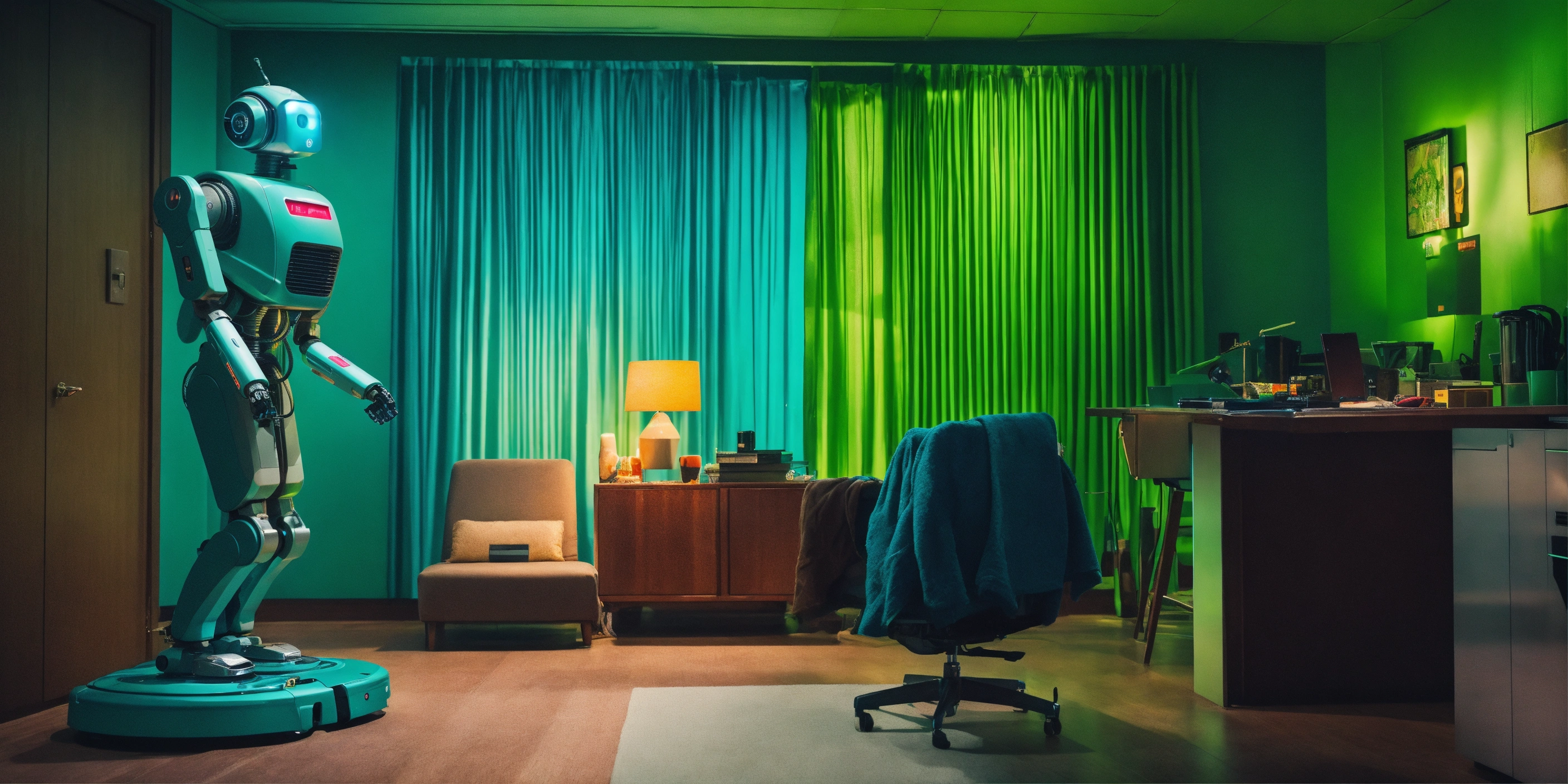 Lexica - A person inside a room watching a cleaner-robot assistant ...