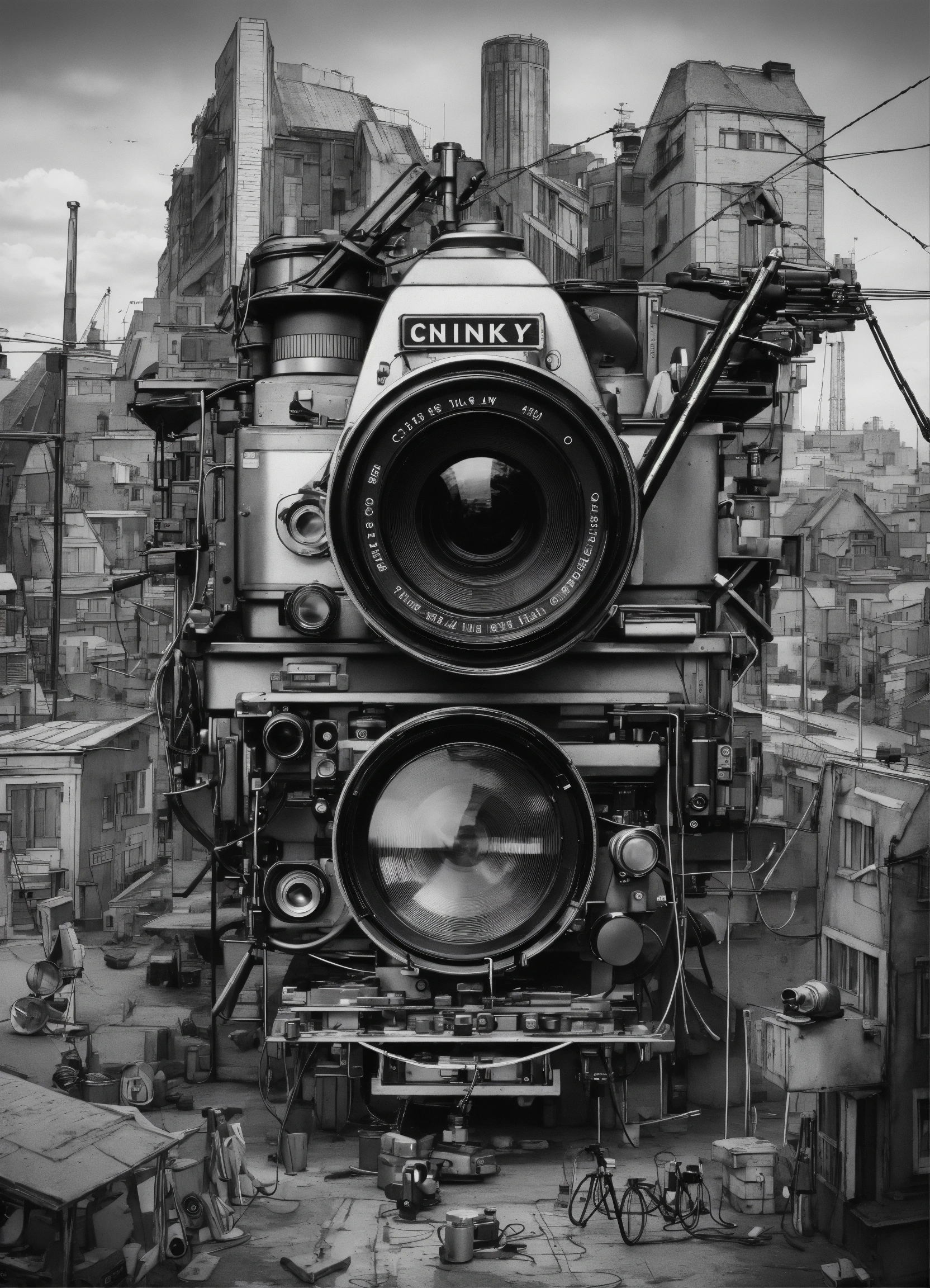 Lexica - CONCEPTUAL BW INK ART, CINEMATOGRAPHY GEAR ARRANGED IN FORM OF ...