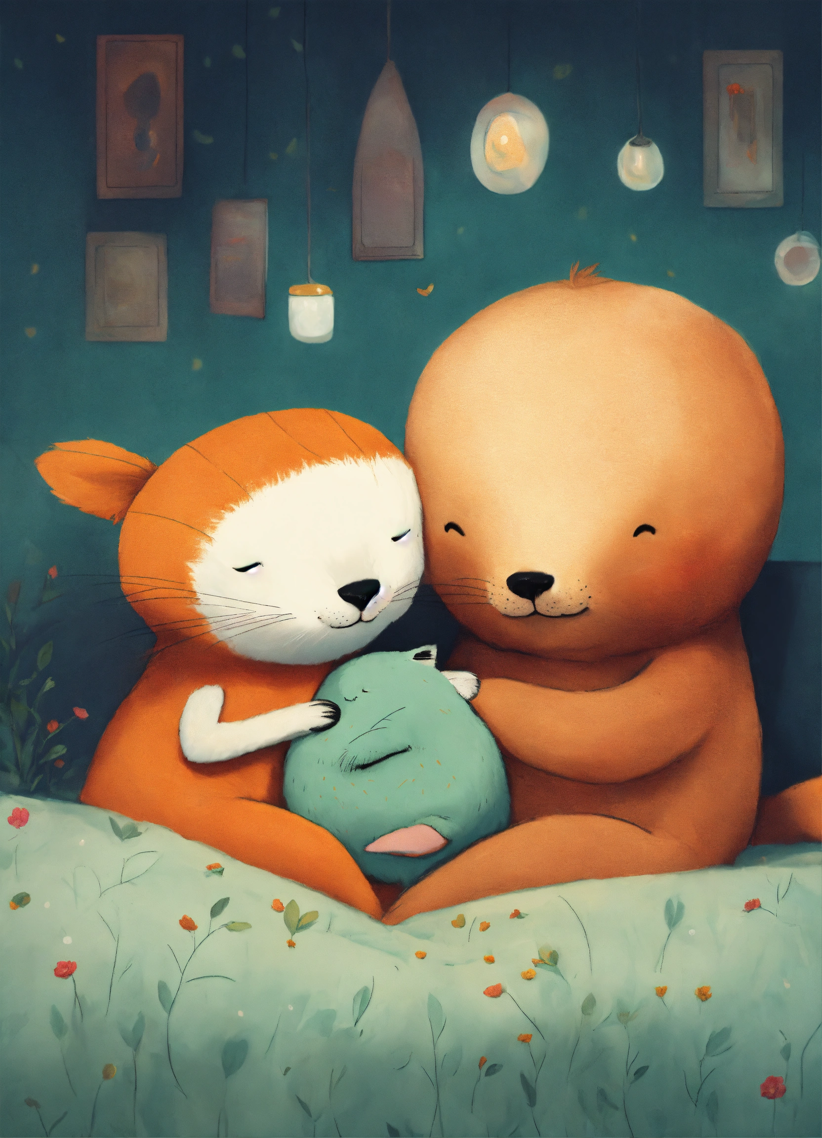 Lexica - Happy friends cuddling, cute critters, by oliver jeffers