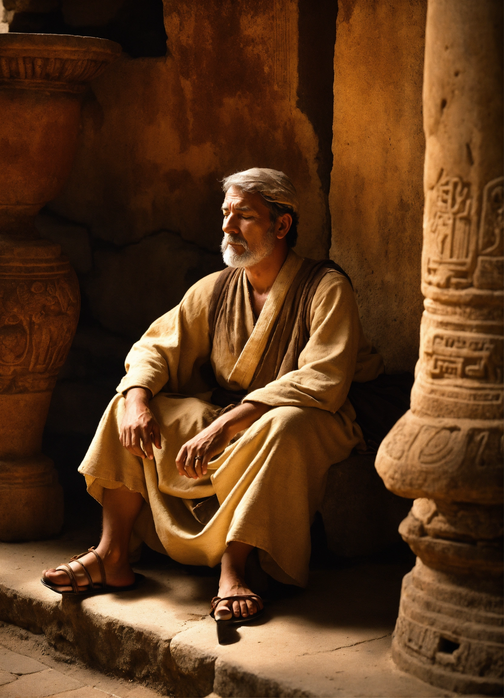 Lexica - A man is seated in a relaxed posture in an ancient setting ...