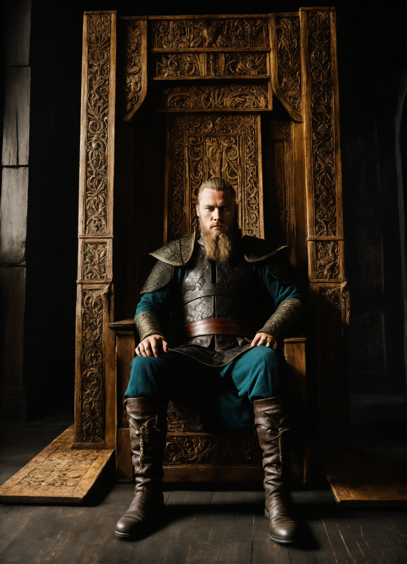 Lexica - Ragnar lothbrok sitting on a wodden throne in a dark room and ...