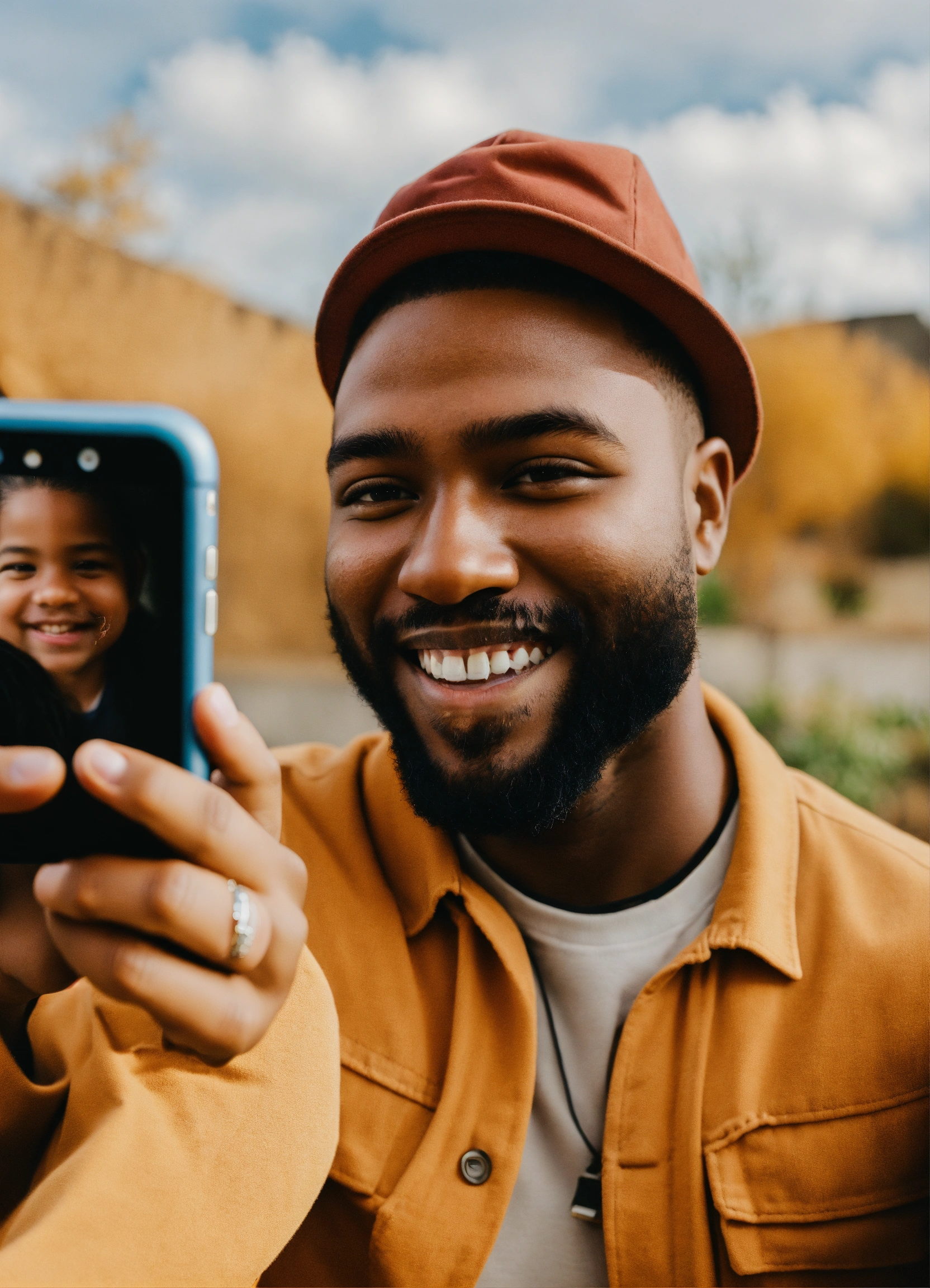 Lexica - Iphone screen of a diverse young dad taking a selfie video for his child.