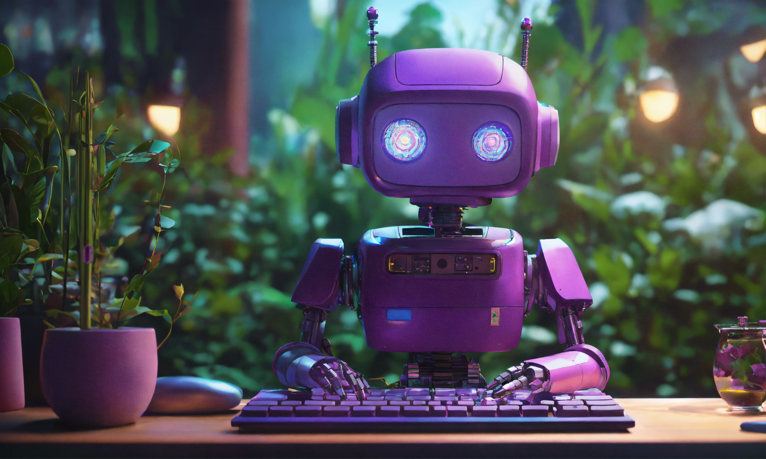 Lexica - Cute robot typing in computer realistc. medium-sized centered ...