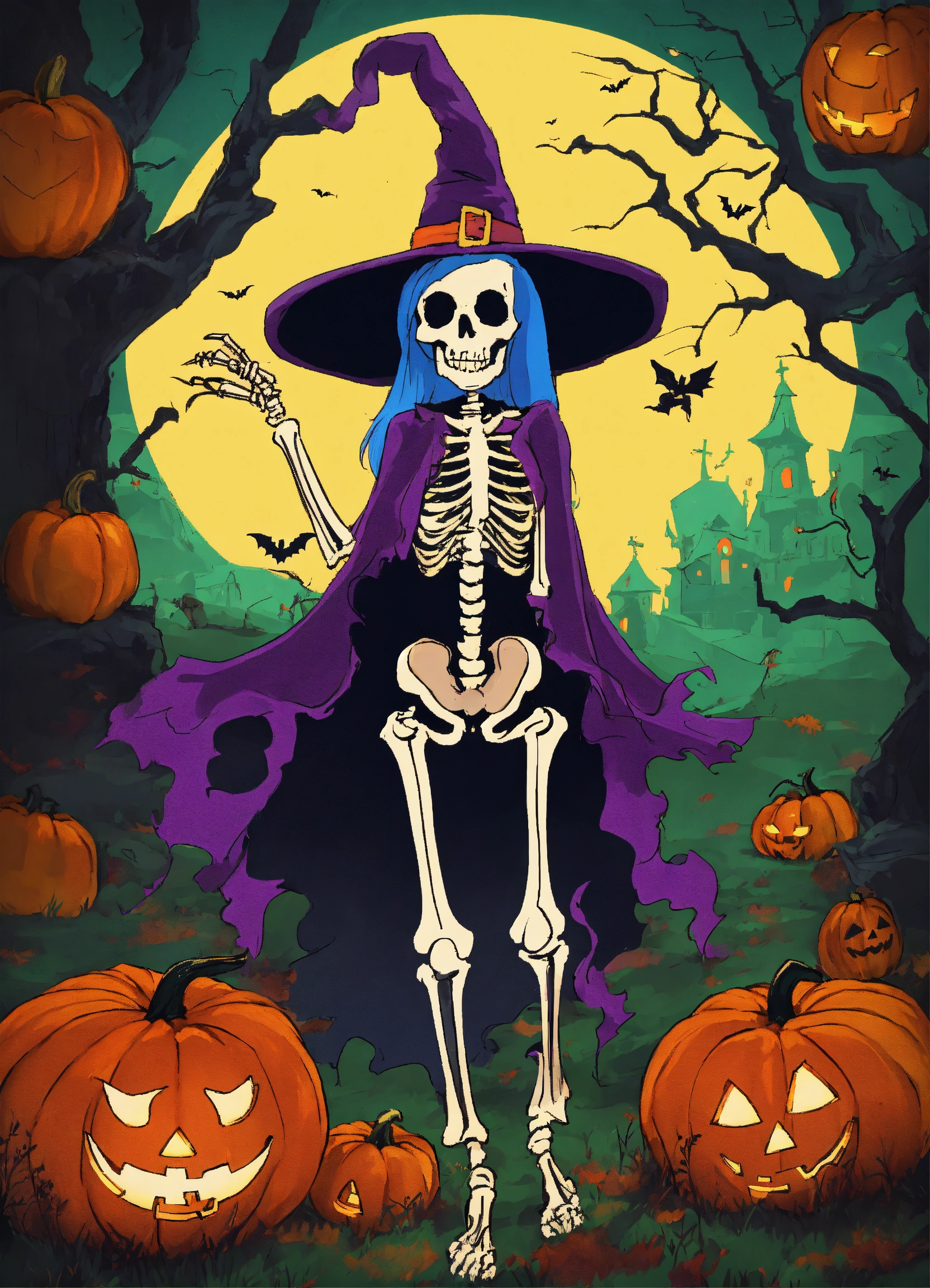 Lexica - Silly, spooky, colorful, skeleton witch. Halloween themed.