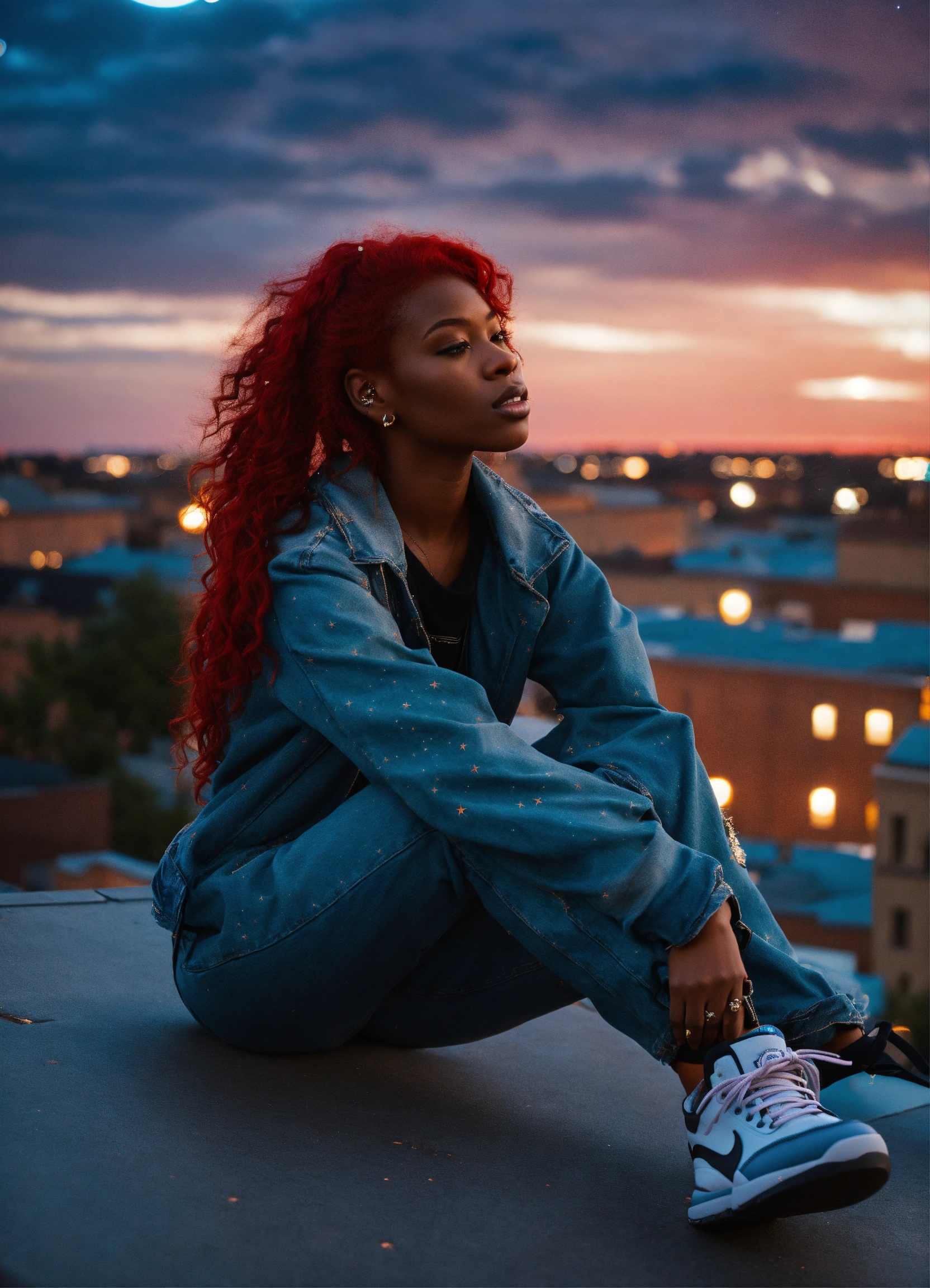 Lexica - Black woman with red hair in hip-hop street fashion, sitting ...