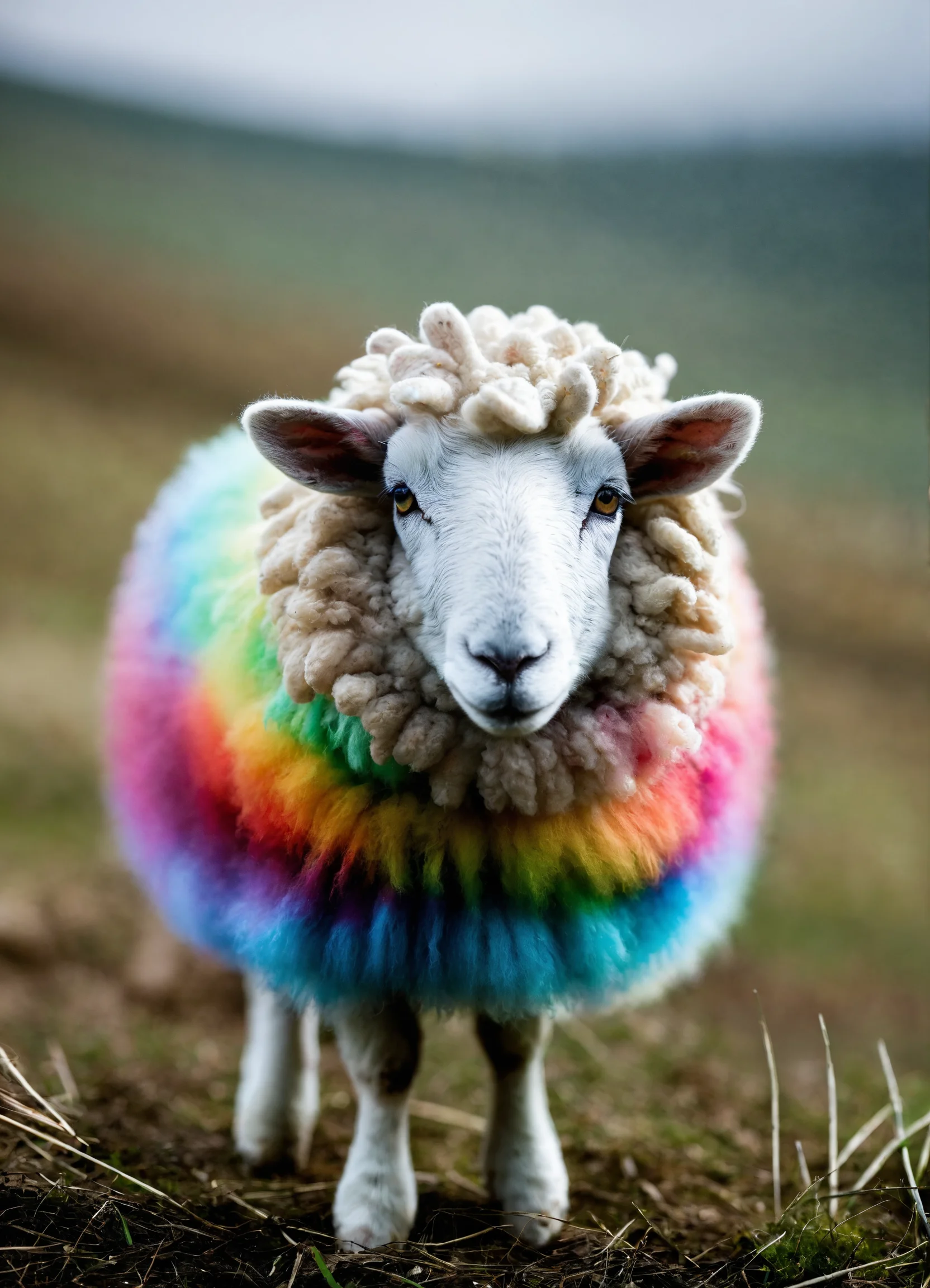 Lexica - A cute sheep with rainbow fur, photo