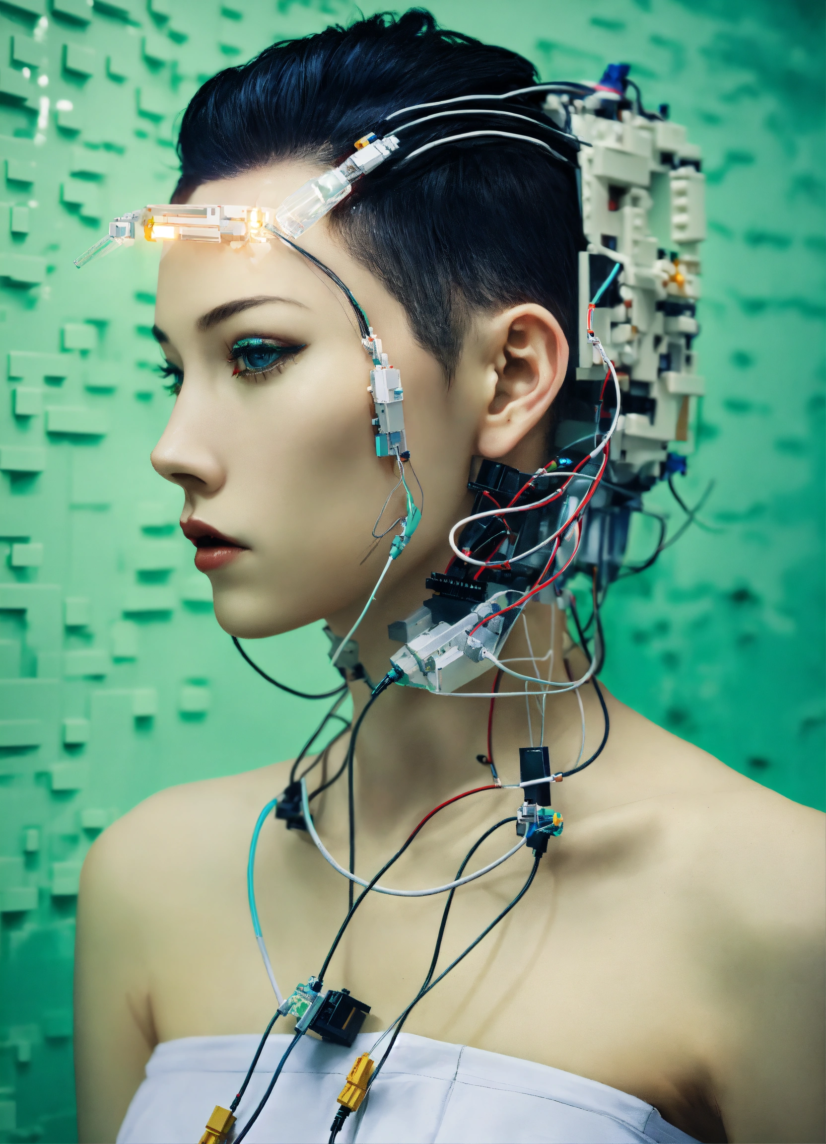 Lexica - Glitch face portrait Photography, in front of a mint wall, a ...