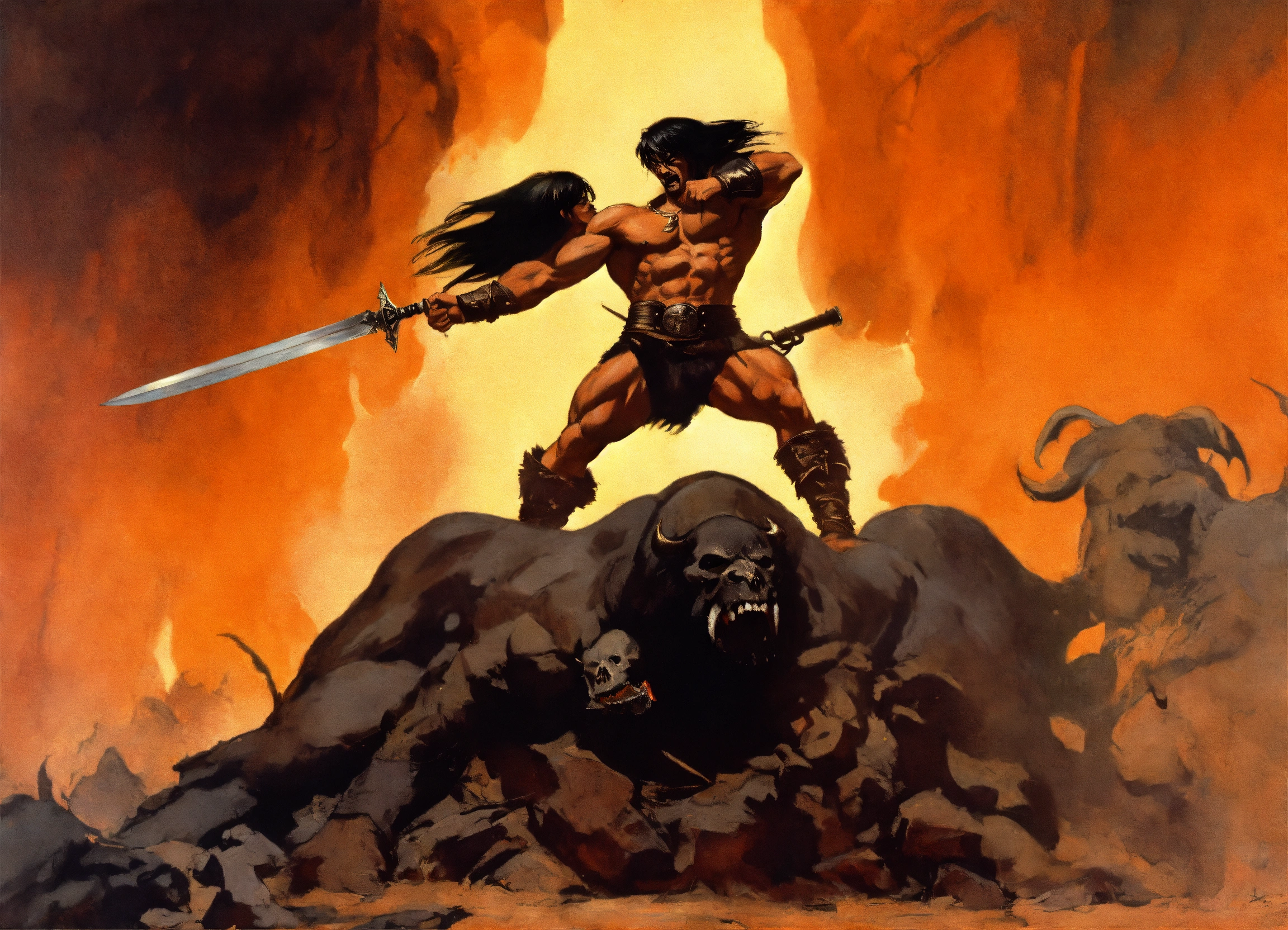 Lexica - The death dealer vs conan the barbarian, frank frazetta, gritty, tense feeling, action shot