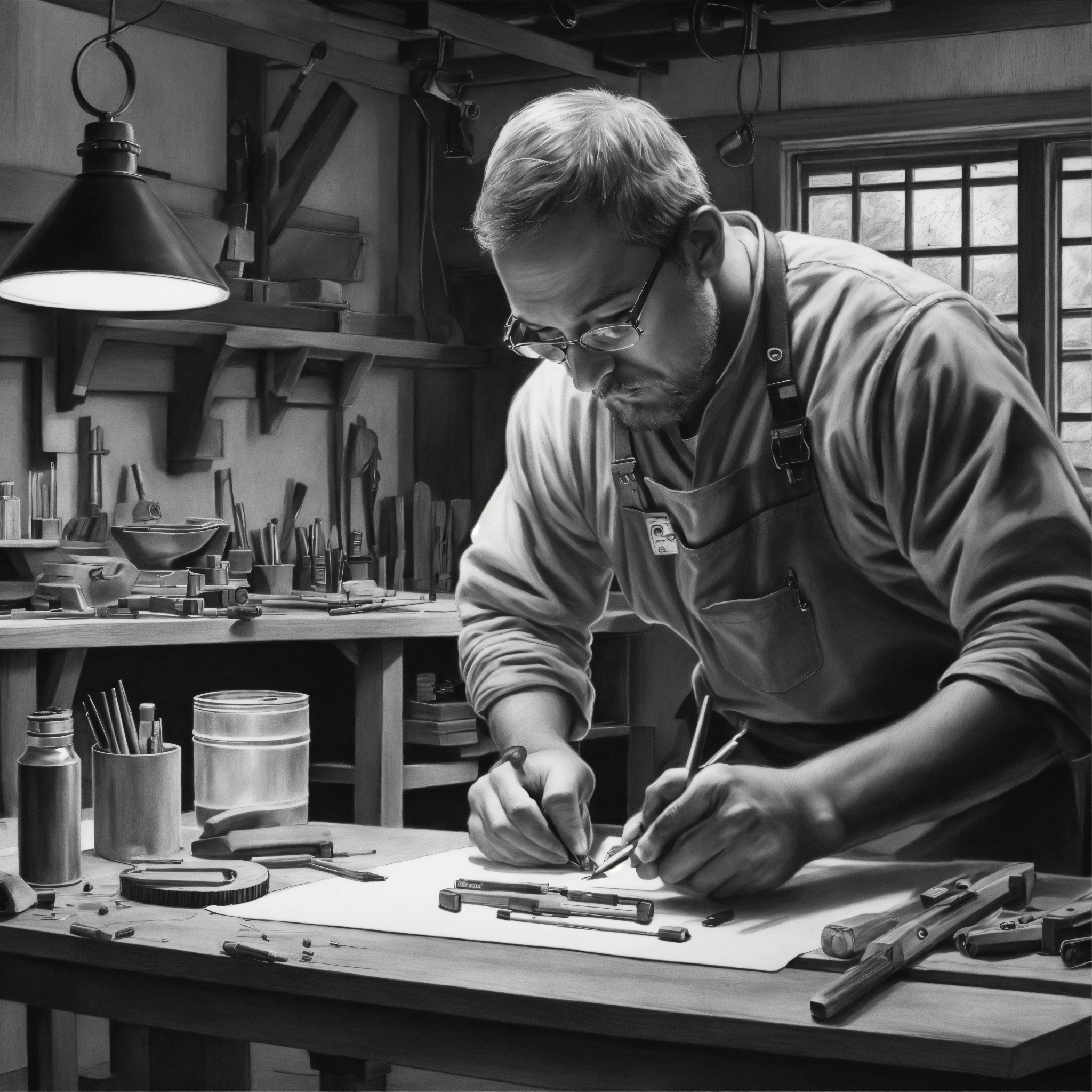 Lexica - Realistic black and white drawing, a craftsman working on his ...