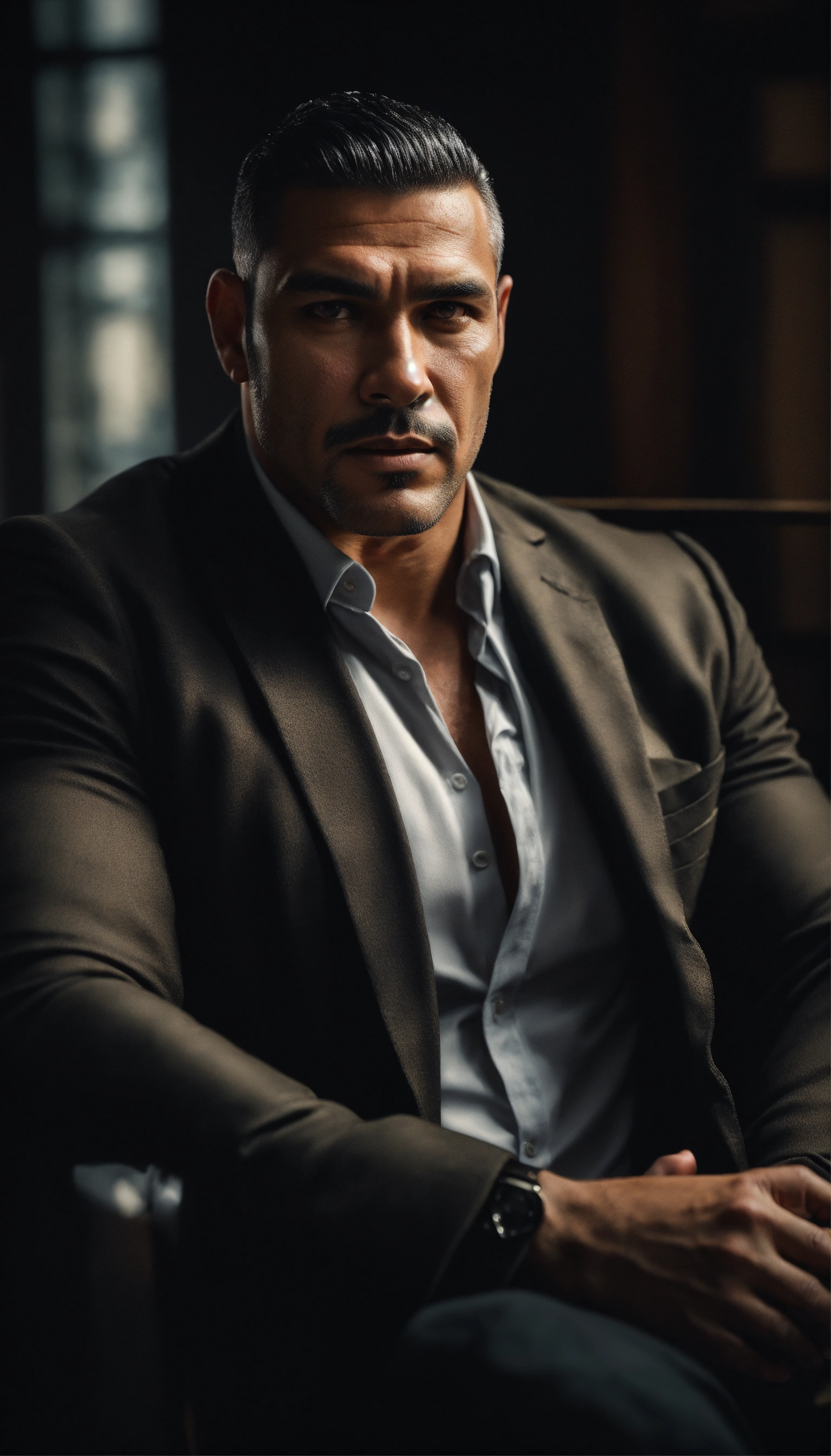 Lexica - A detailed photograph of a confident looking latino, sitting ...