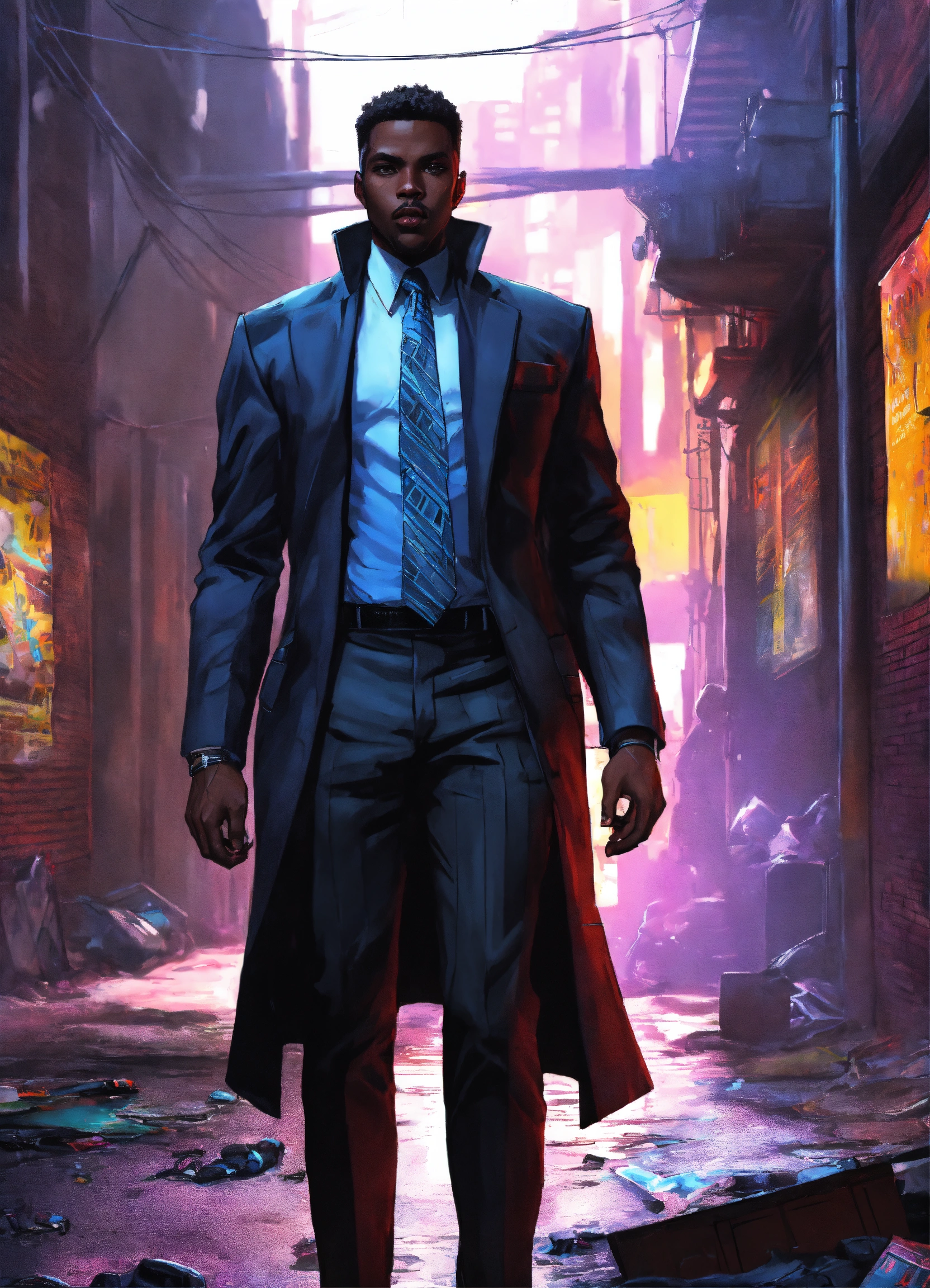 Lexica - Cyberpunk African American in a suit, in gritty back street ...