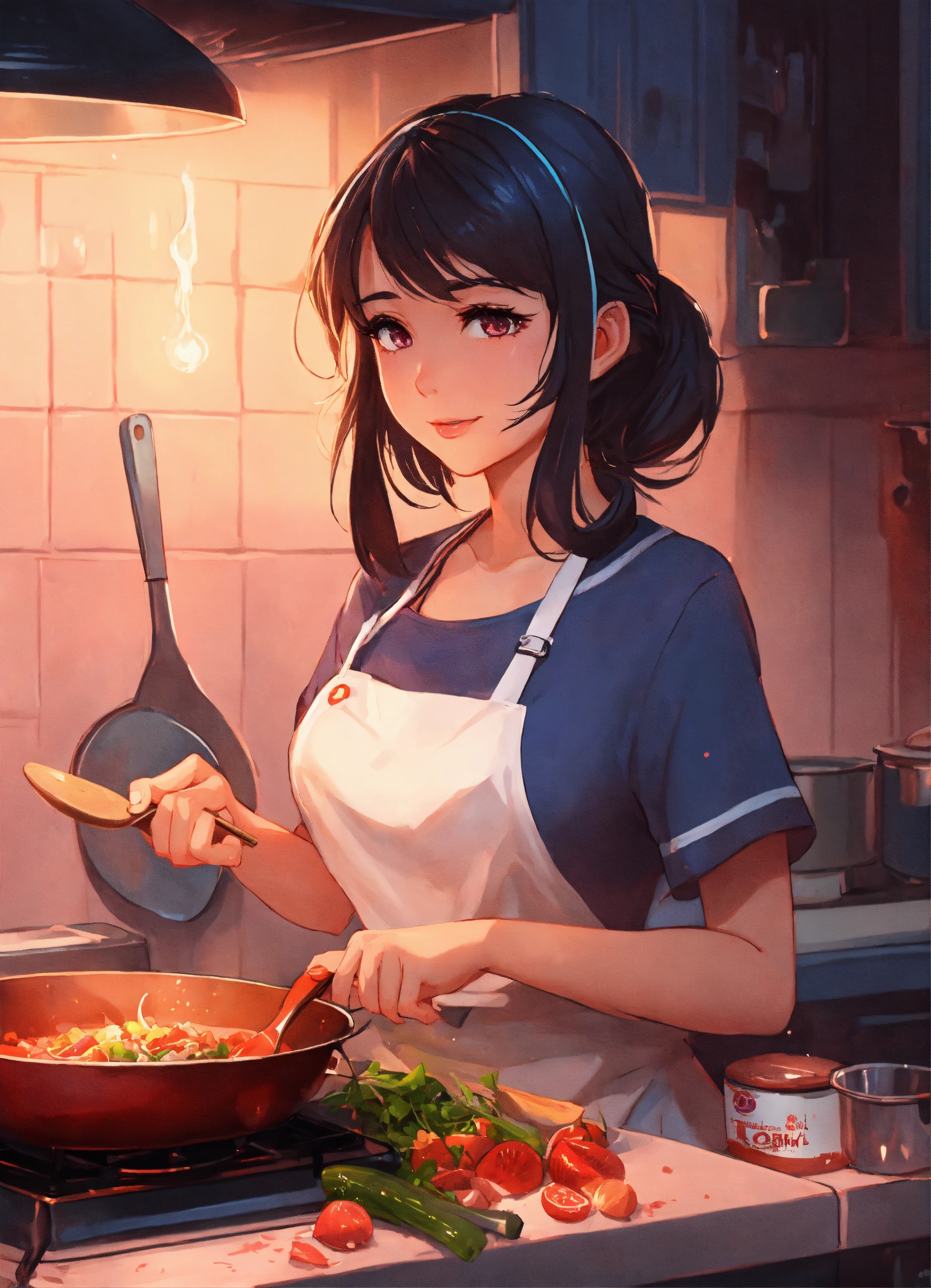 Lexica - A cute anime lofi girl cooking dinner at home during the night ...