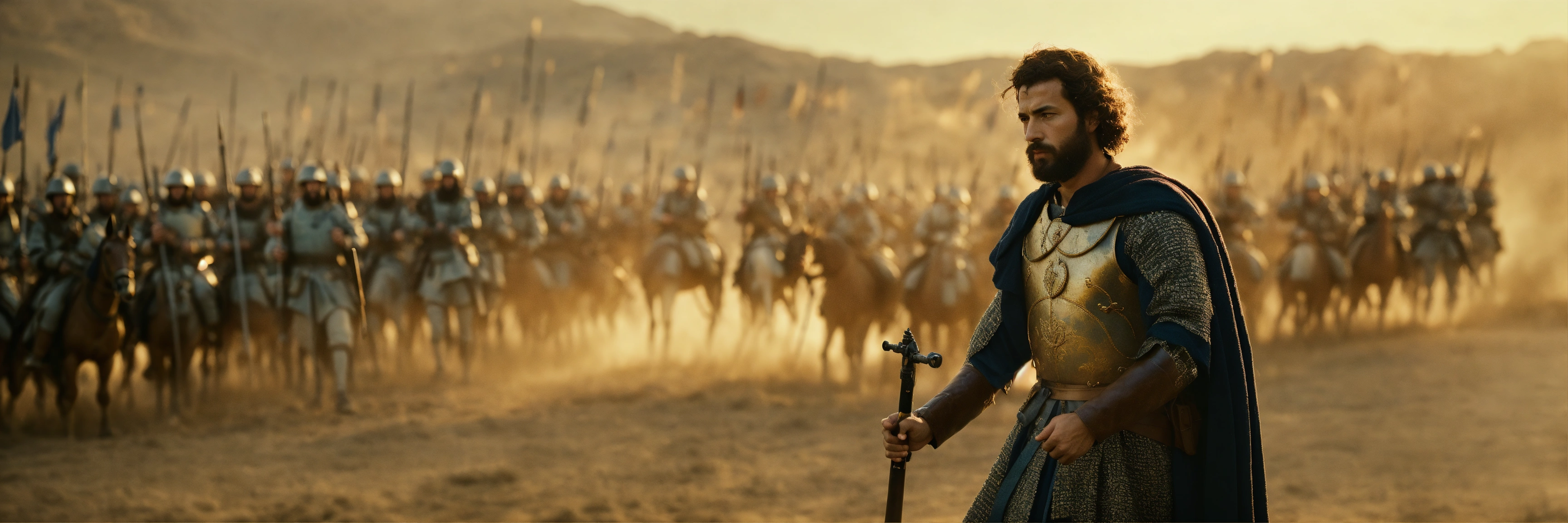 Lexica - Biblical portrait of King David in the battlefield, blurred ...