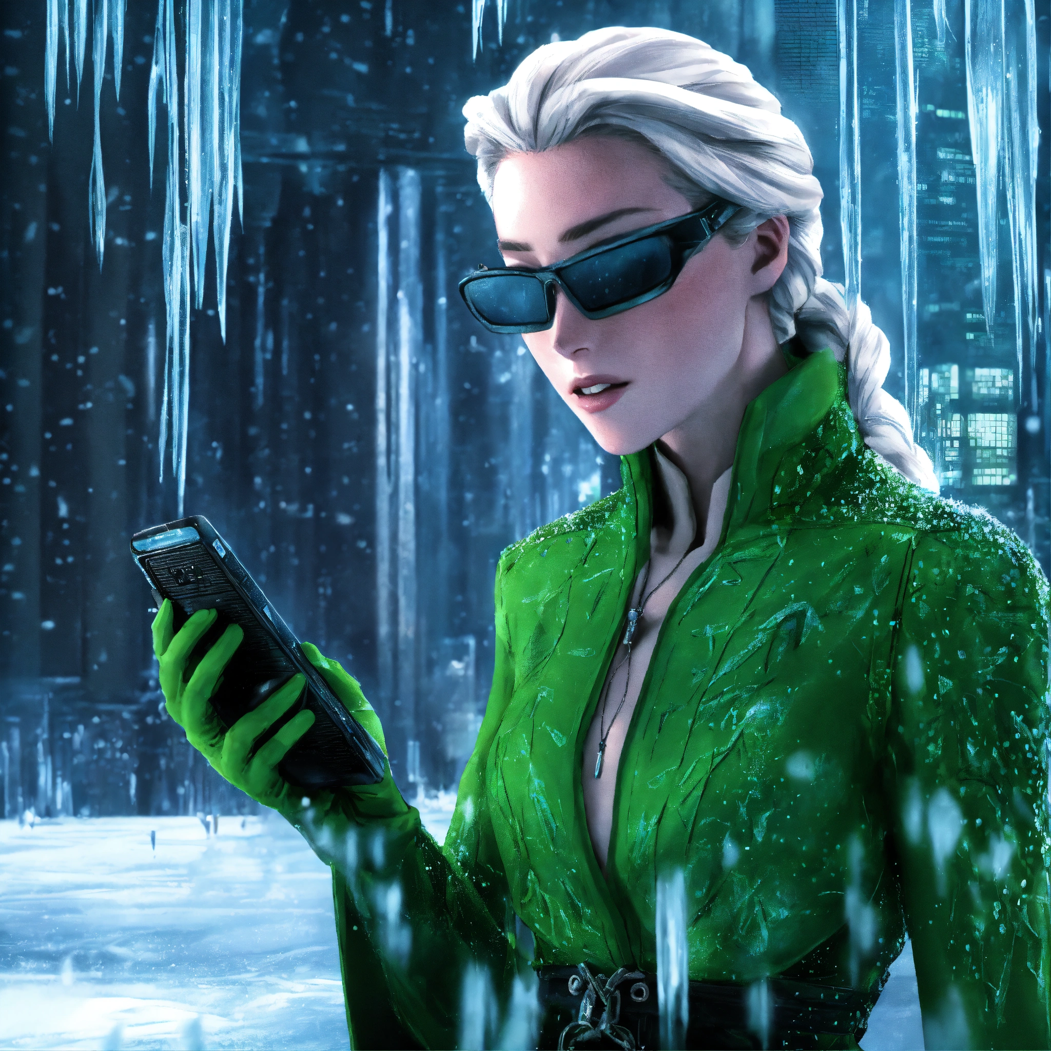 Lexica - Frozen neo from the matrix calling on an ice phone