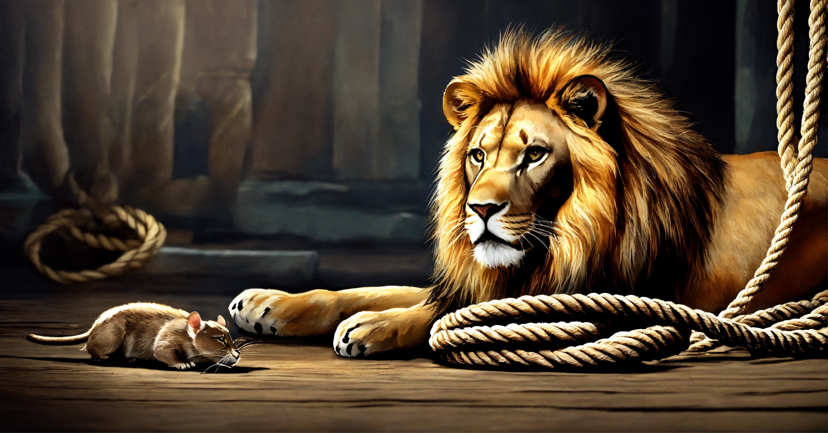 Lexica - Realistic image of lion tied in paws with strong ropes and a ...