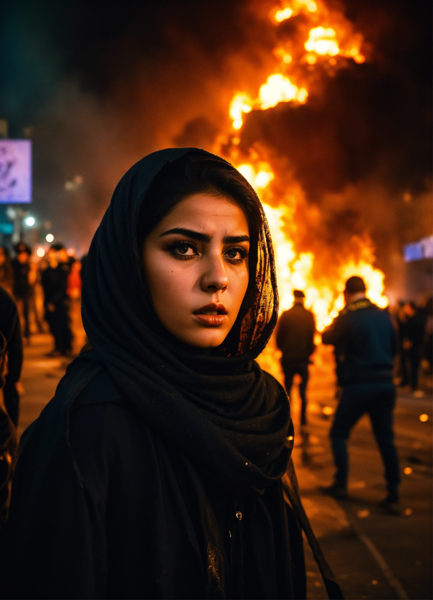 Lexica - Dark aesthetic photo, an Iranian girl amidst a chaotic street ...