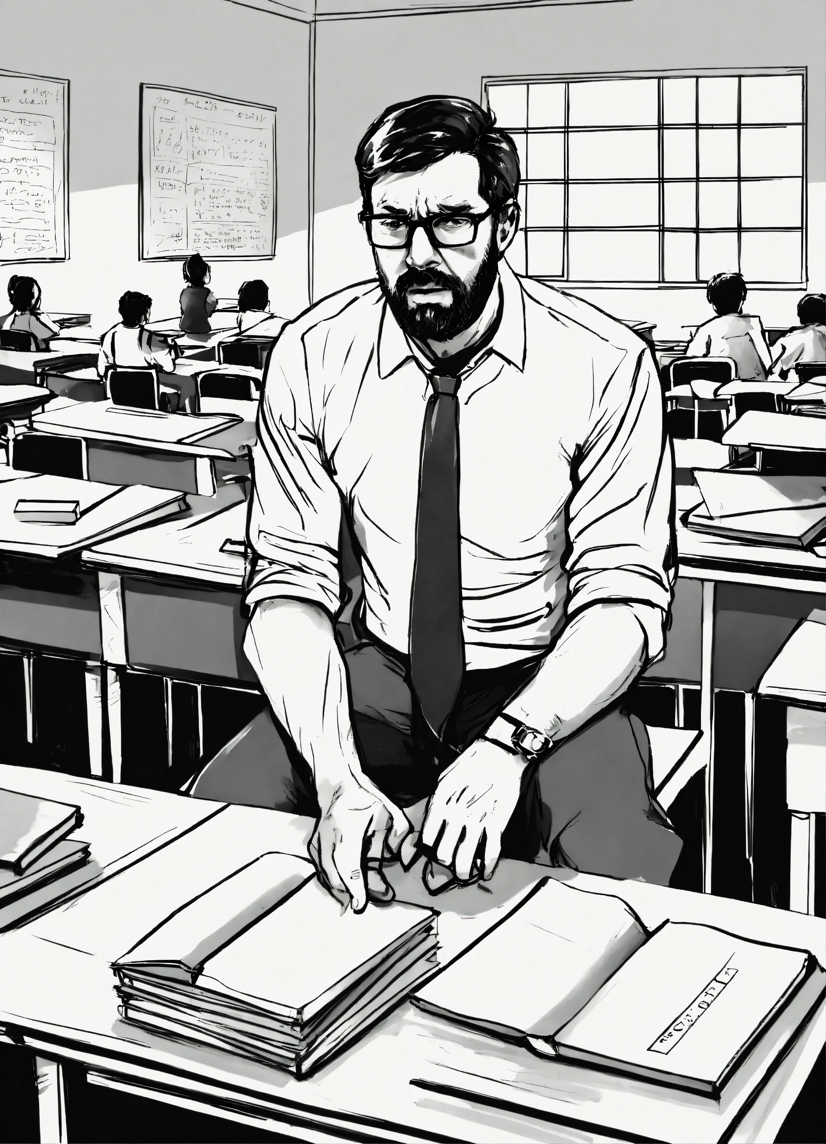 Lexica - Realistic sketch of a frustrated teacher in front of his classroom