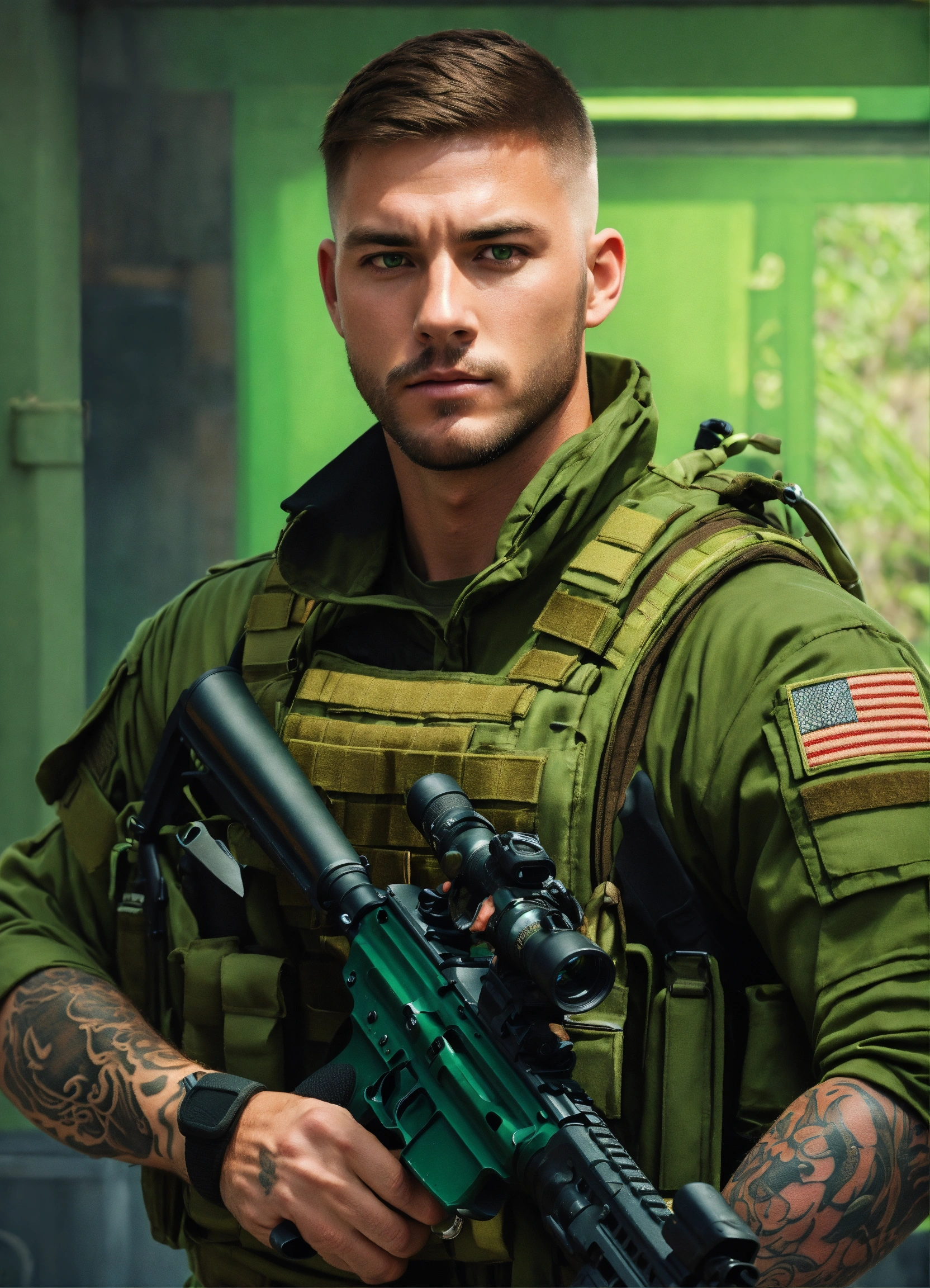 Lexica - A man in green tactical gear with brown hair, a 5 o clock ...