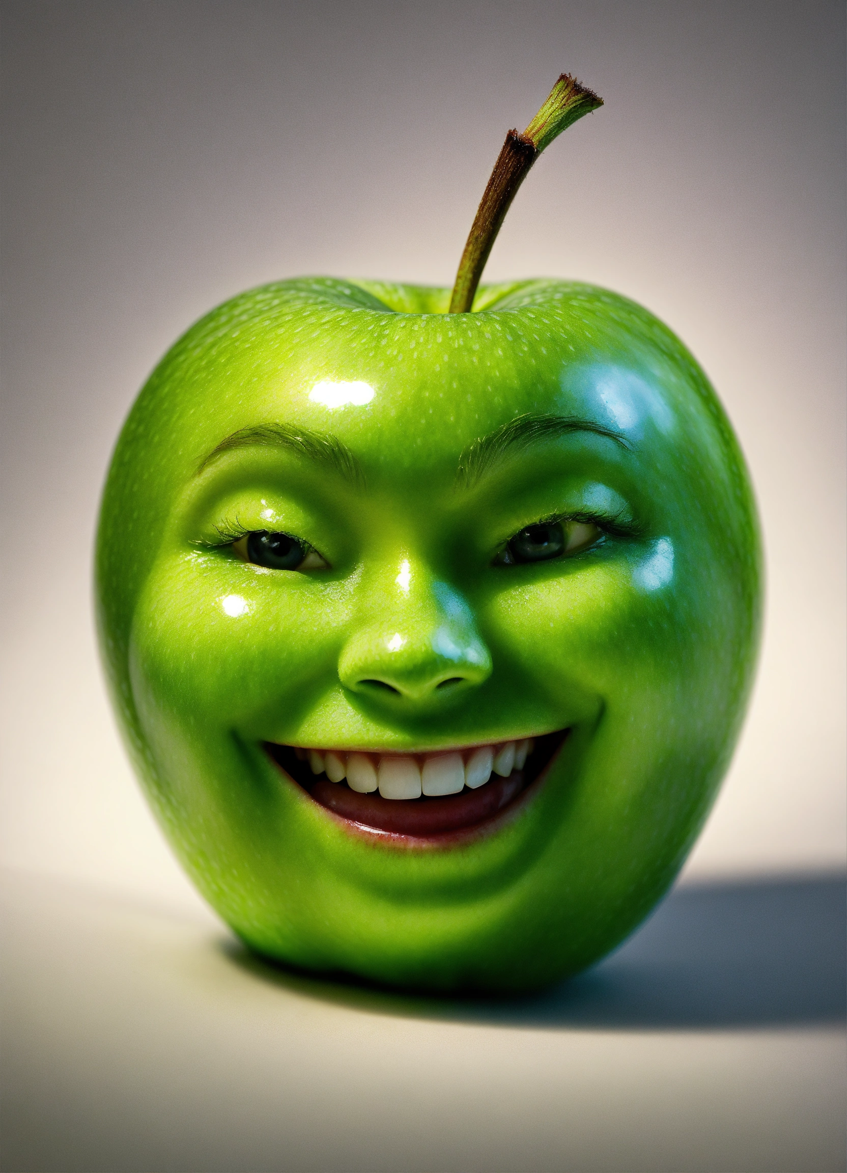 Lexica - A green apple with a hyper realistic face smiling