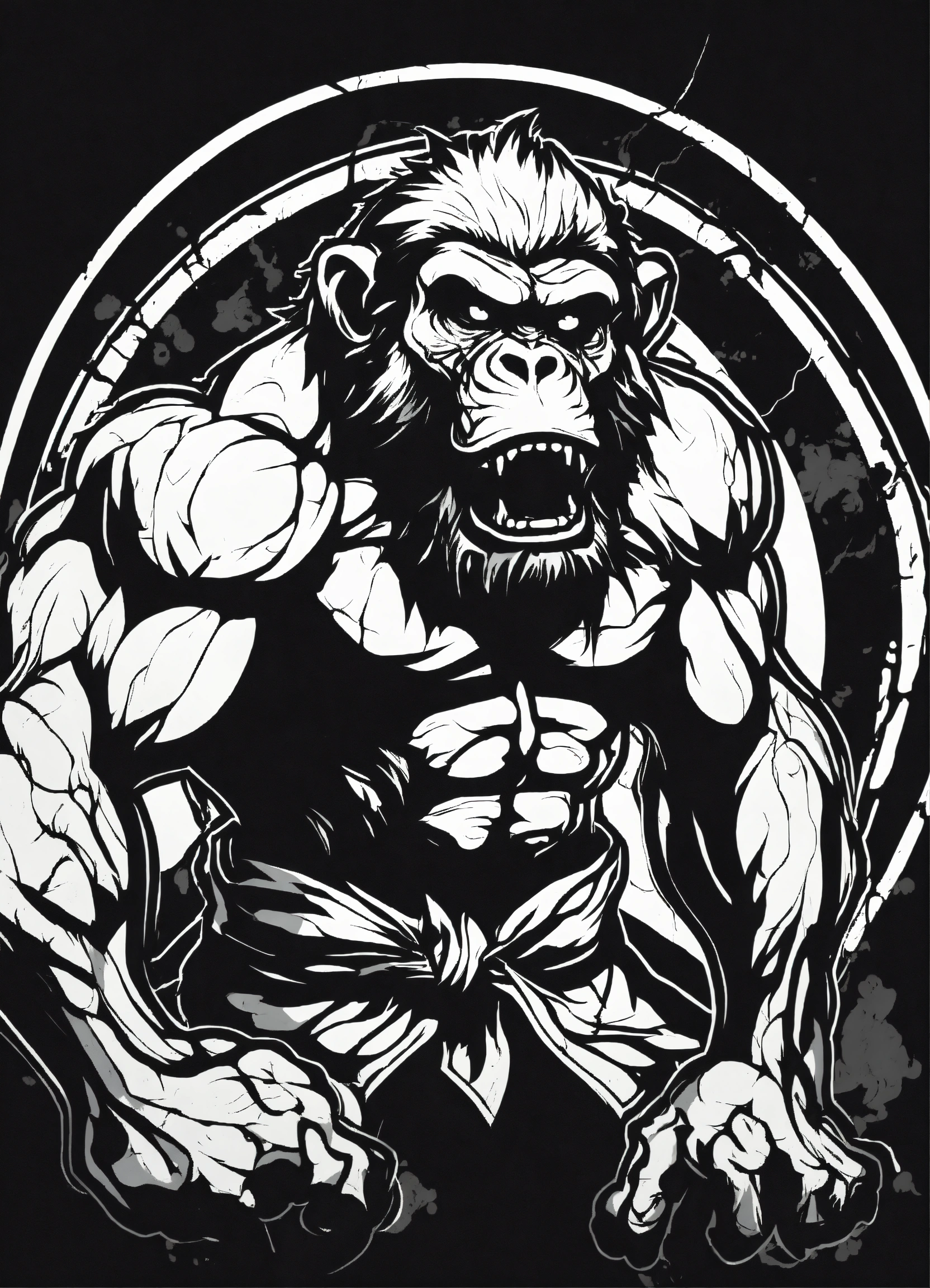 Lexica - Zombie killer ape street fighter black and white circle logo full body fighting stance ...