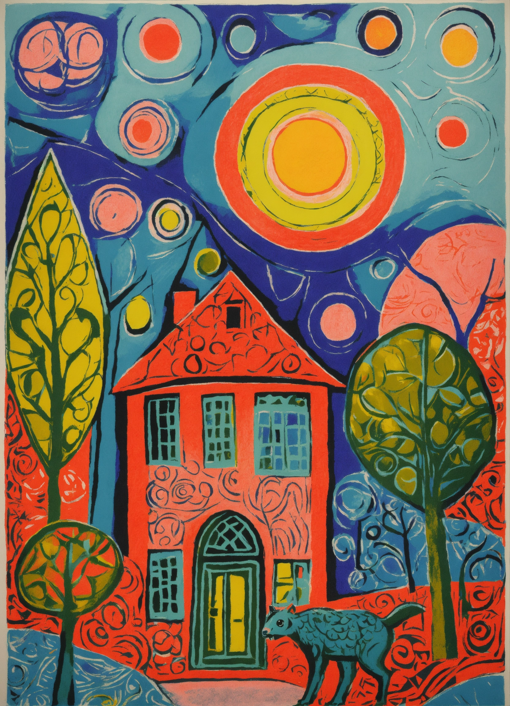 Lexica - Linocut, drawing abstract art style inspired by marc chagall ...
