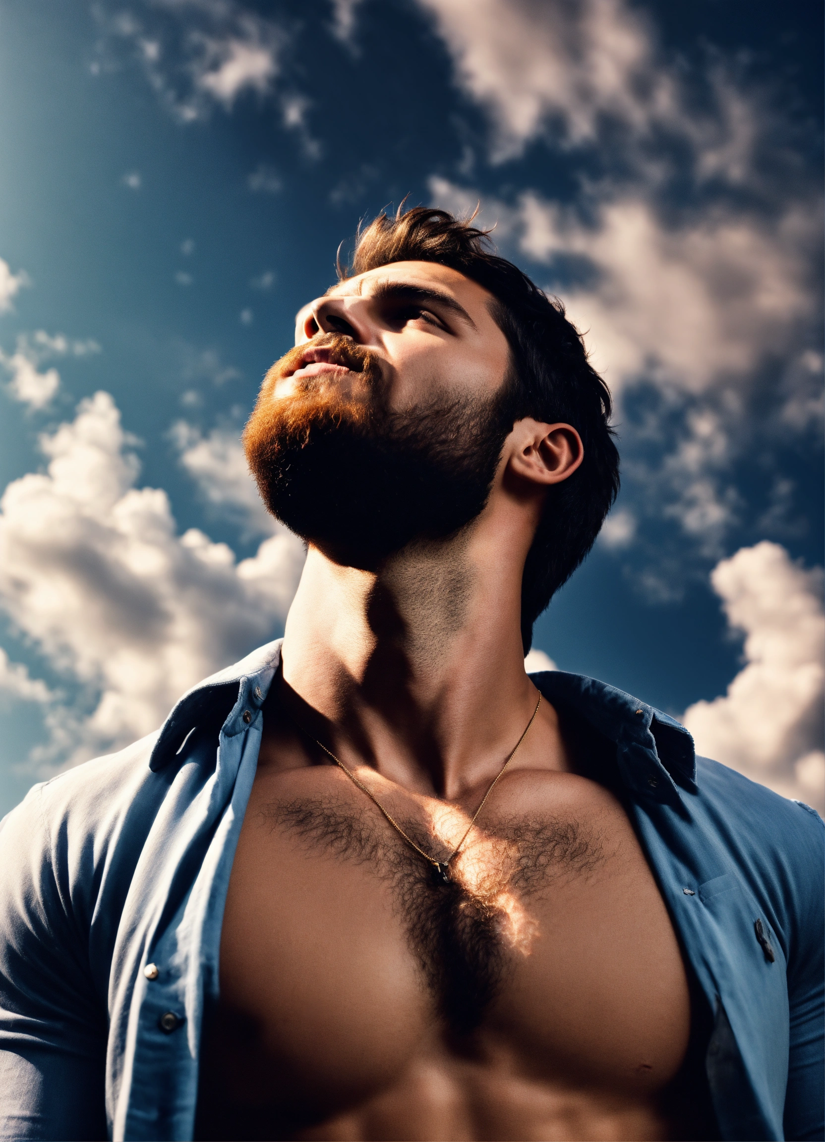 Lexica - Gorgeous well built guy, open shirt, hairy chest, looking up ...