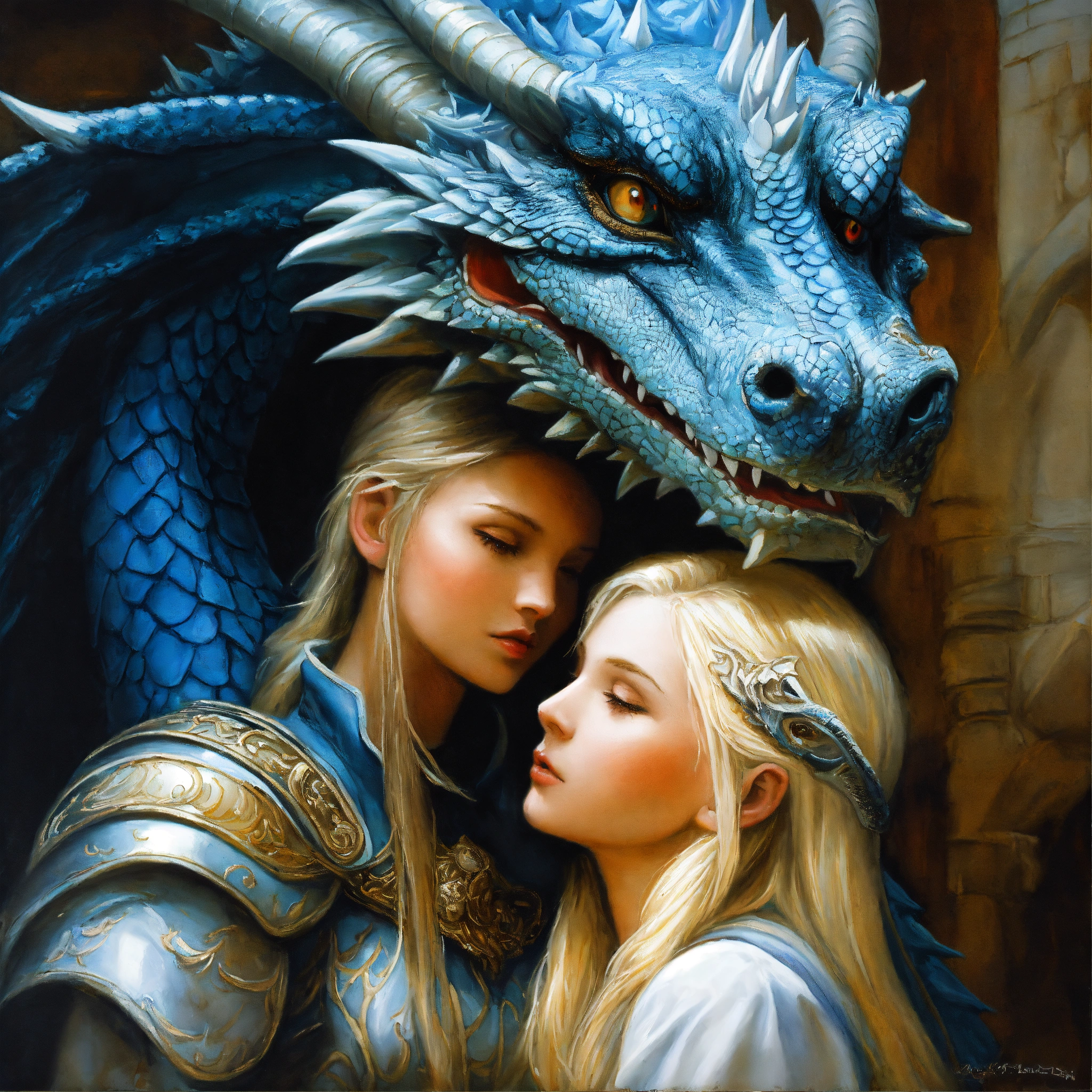 Lexica - Oil painting of a huge, magnificent two meter big blue dragon ...