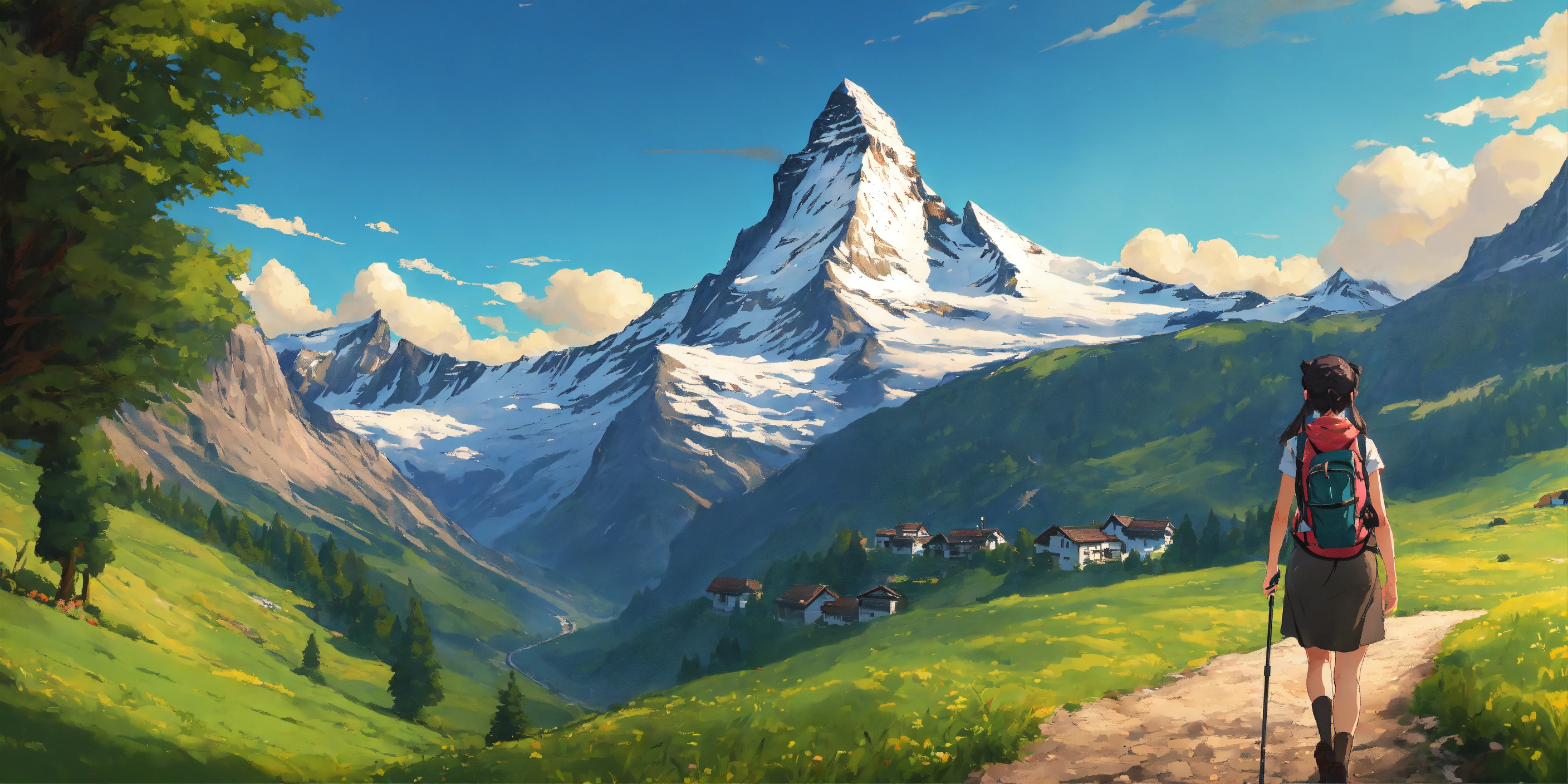 Lexica - Anime. A girl hiking in the Swiss alps with the Matterhorn ...