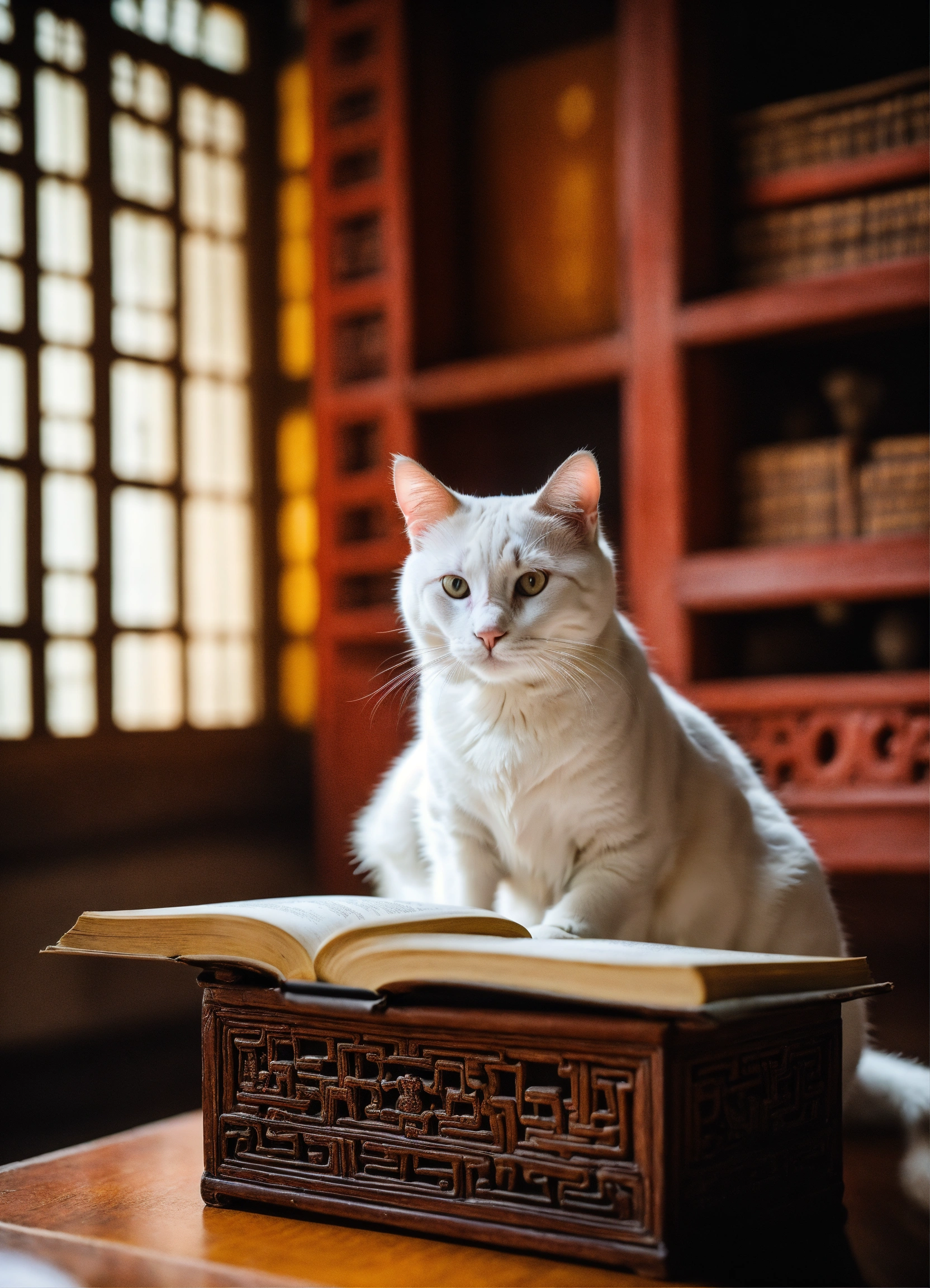 Lexica - A pure white cat in Han Dynasty attire, standing in an ancient ...