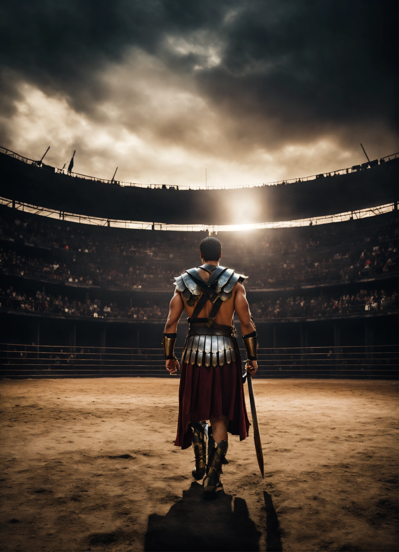 Lexica - Gladiator from the back entering in arena, dark atmosphere, he ...