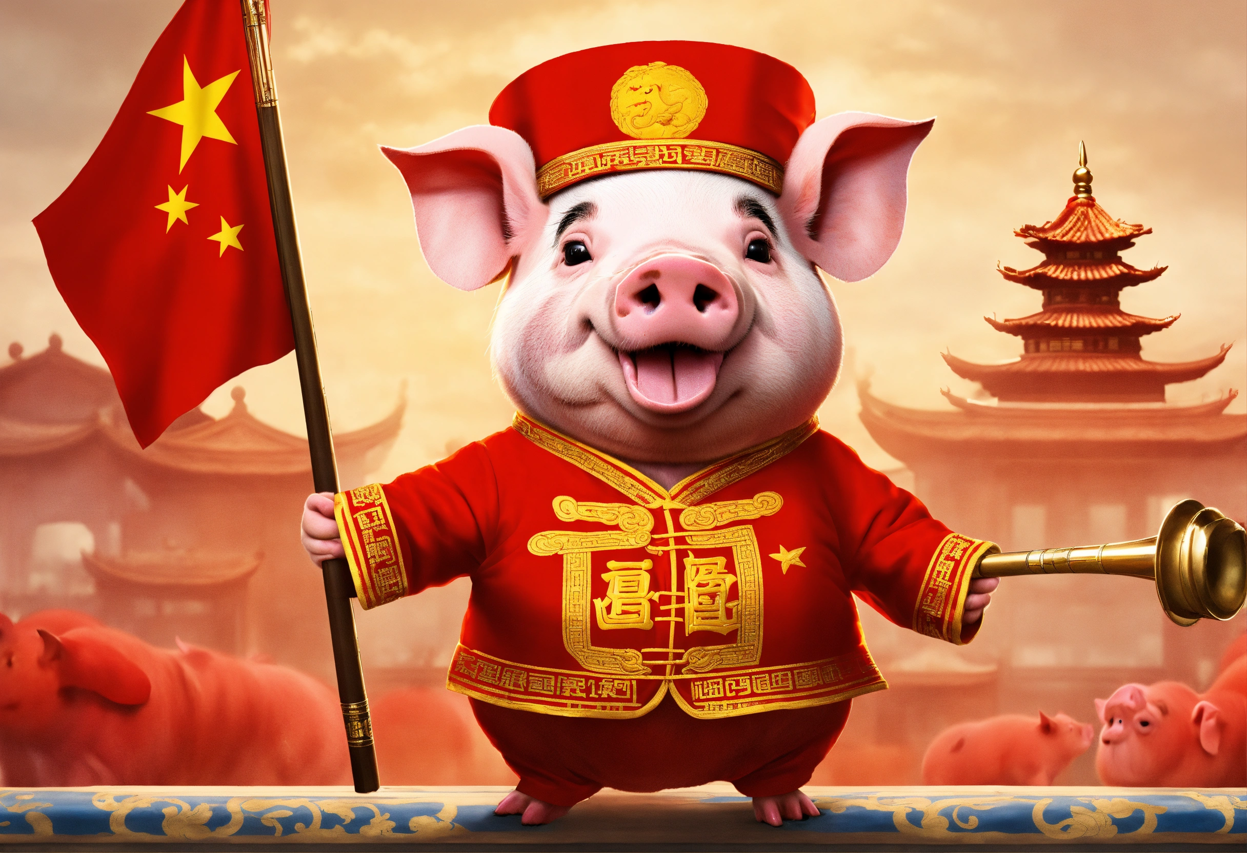 Lexica - A Chinese flag with a happy pig dressed as a man, the pig is ...